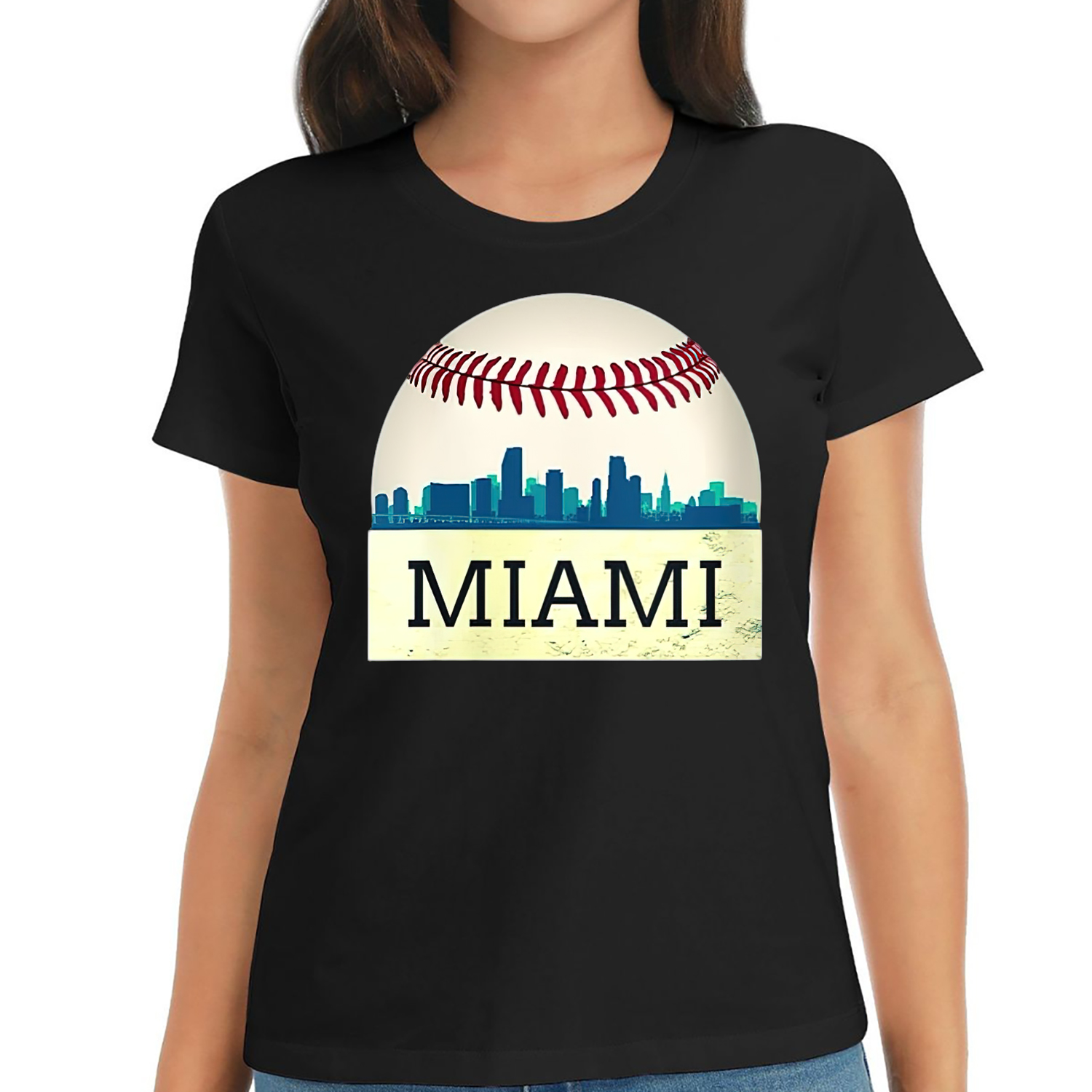 Womens Miami Baseball Cool Marlin Skyline On Giant Stylish Short Sleeve ...