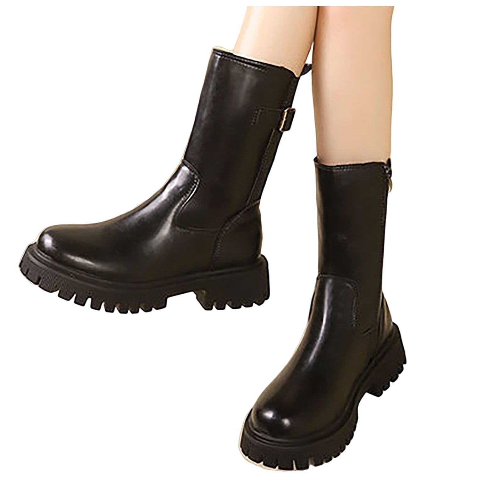 Womens Mid Calf Chelsea Boots Platform Slip on Low Heel Ankle Booties ...