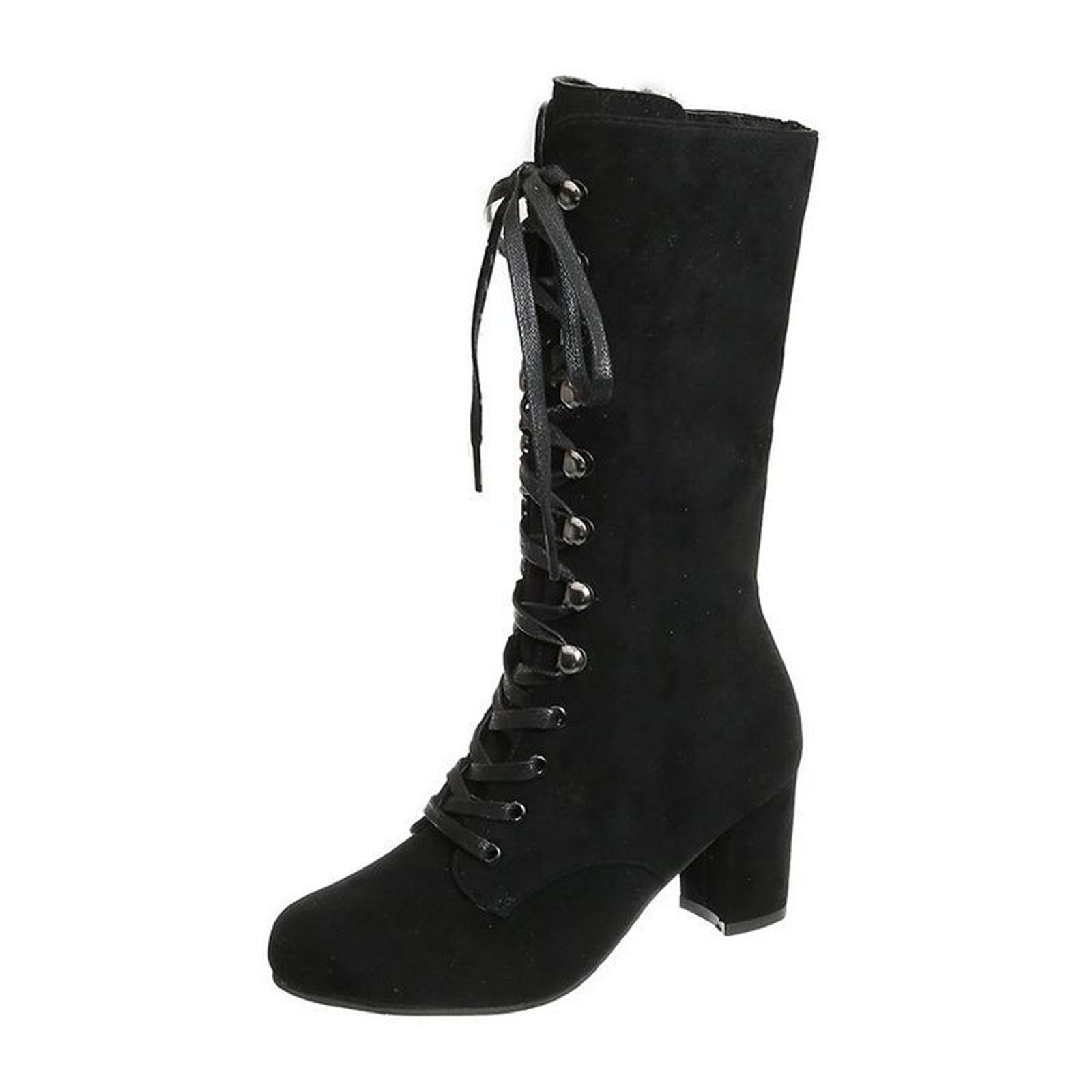 Womens Mid Calf Cone Block Heel Boots 60s 70s Retro Gothic Rock Punk ...