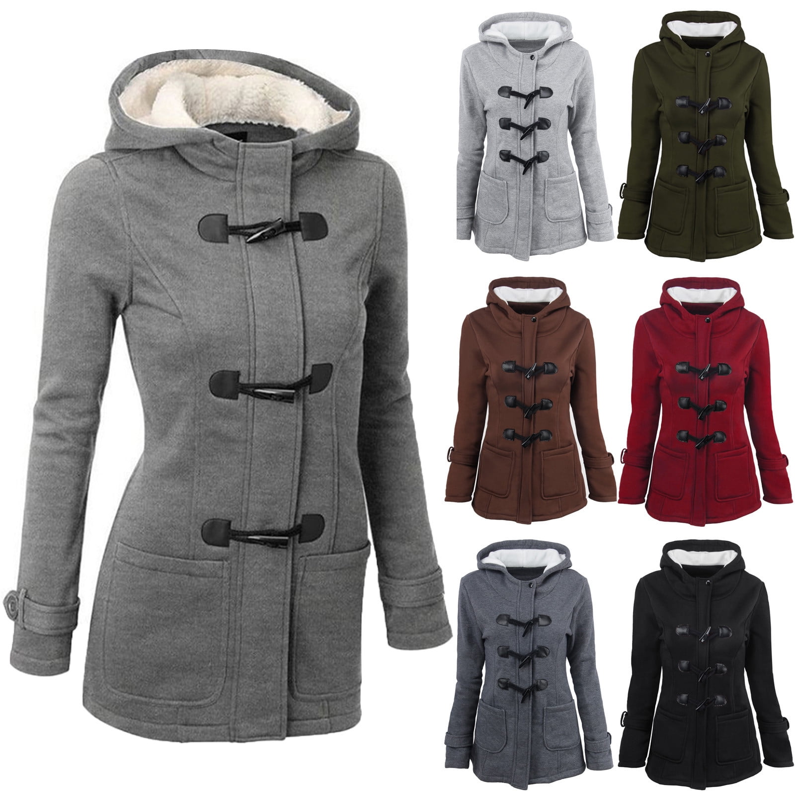 Womens Mid Length Sherpa Lined Warm Heavy Jackets Fleece Horn Button up ...
