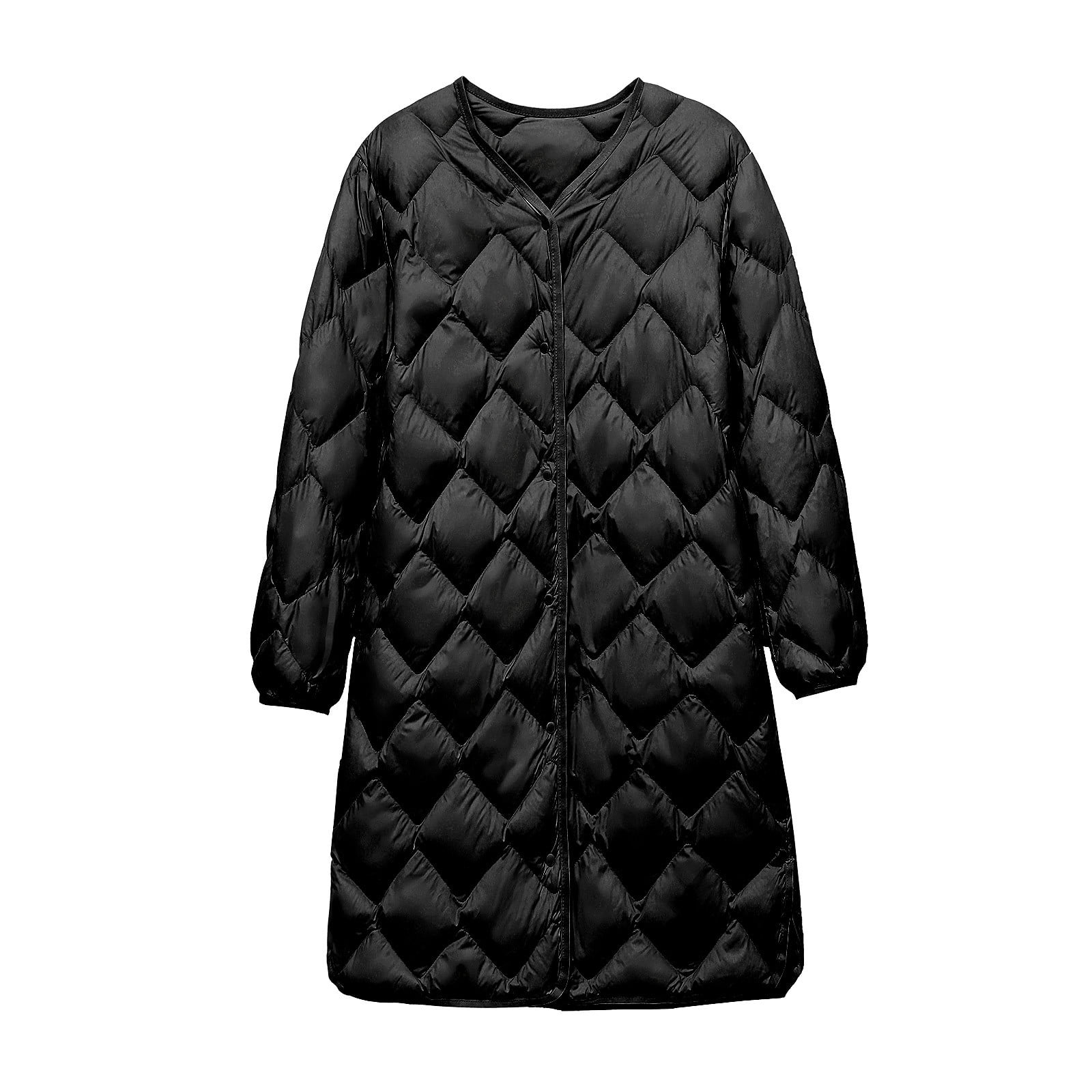 Womens Mid-length Diamond Quilted Padded Coat Solid V-neck Long Sleeve ...