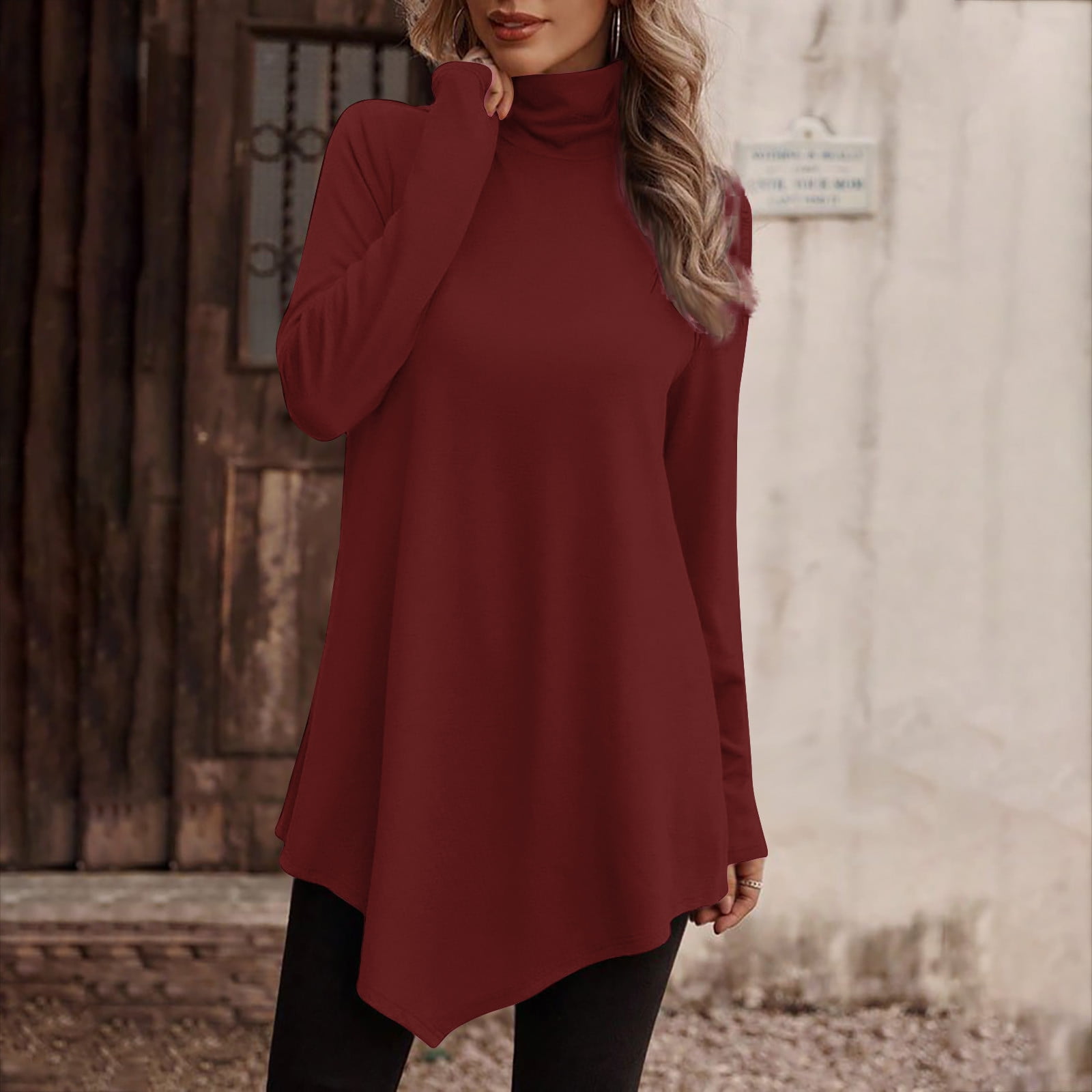 Womens Mock High Neck Tunic Top, Asymmetrical Irregular Long Sleeve ...