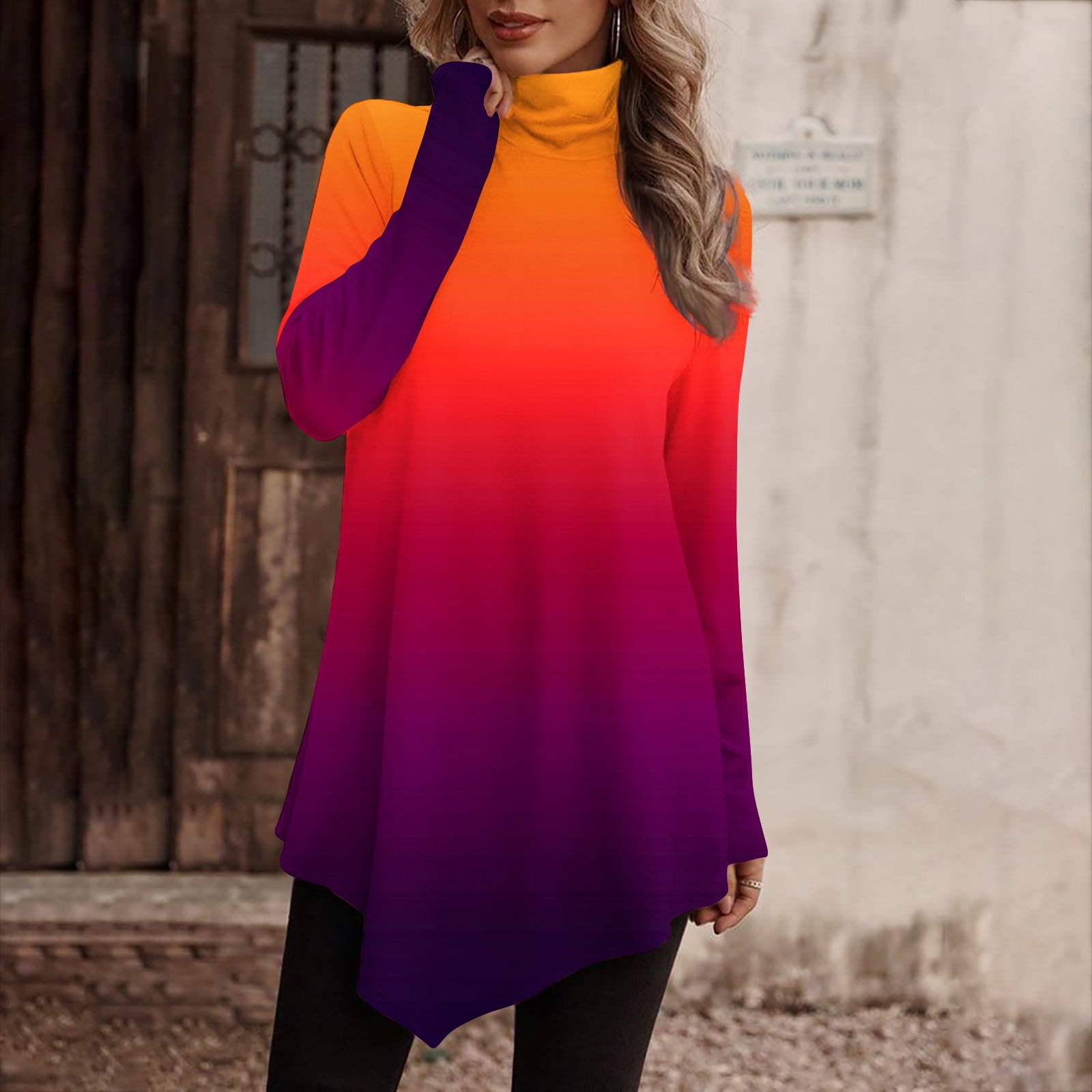 Womens Mock High Neck Tunic Top, Asymmetrical Irregular Long Sleeve ...