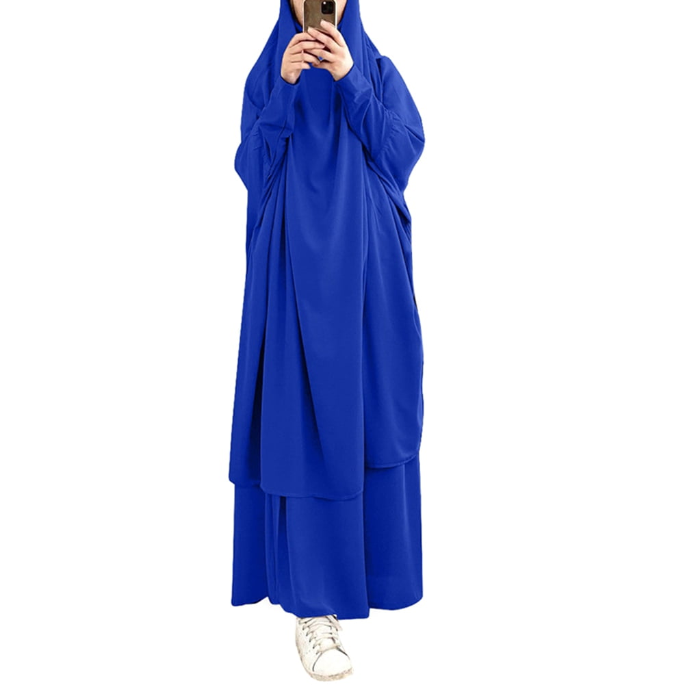 Womens Muslim Solid Abaya 2 Piece Prayer Dress Islamic Maxi Kaftan With
