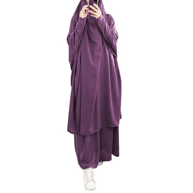 Womens Muslim Solid Abaya 2 Piece Prayer Dress Islamic Maxi Kaftan With