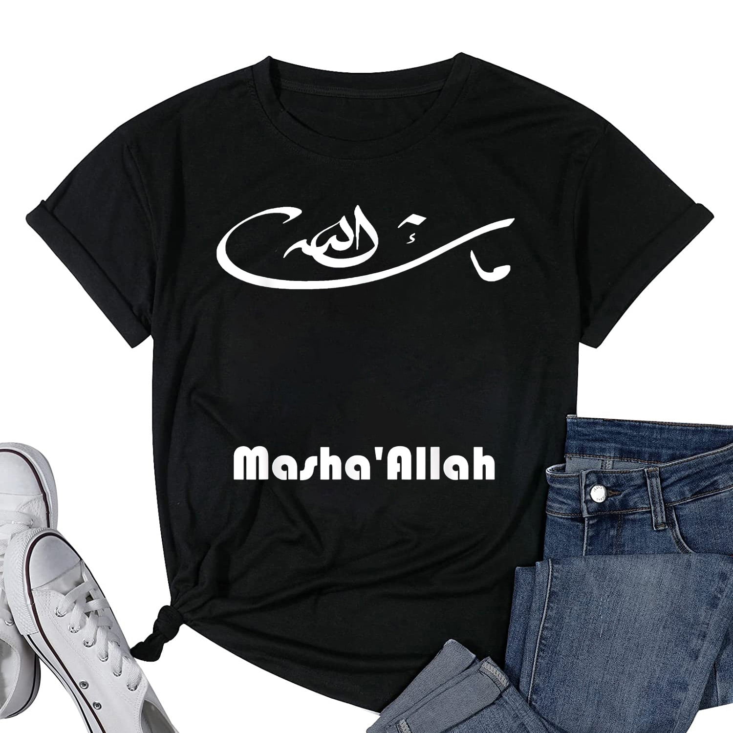 Womens Muslim T-Shirt Masha Allah Masjid Design Islam Cloth Gift Black ...