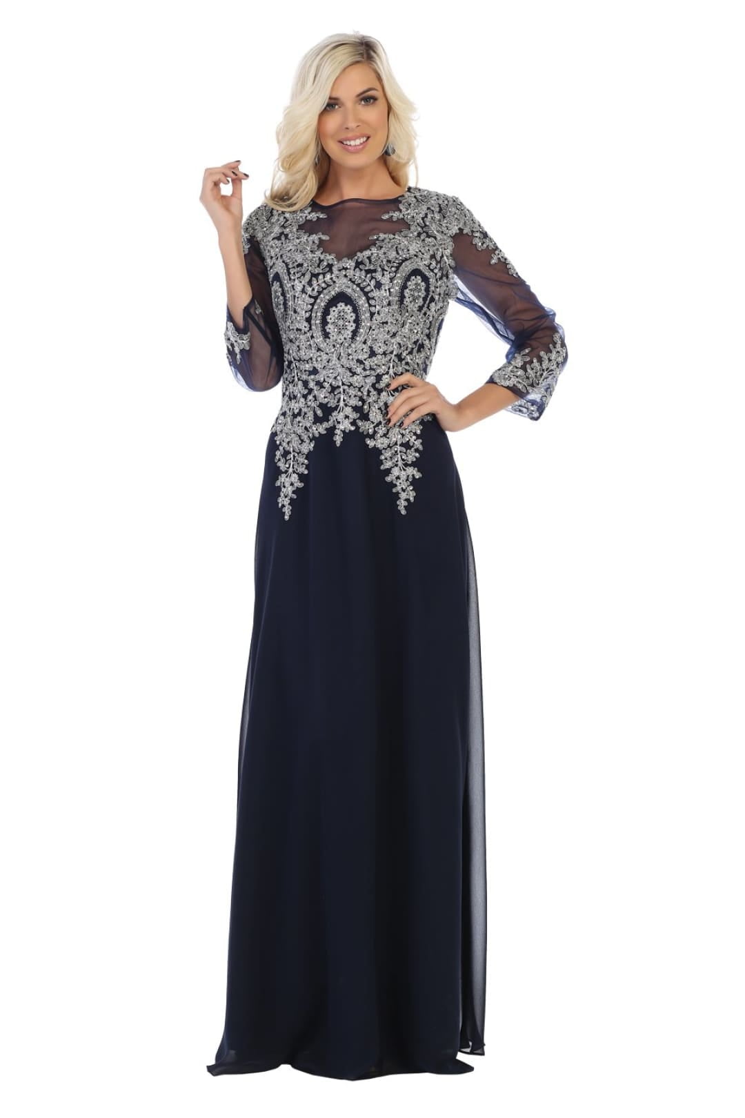 Womens Navy/Silver Mother Of The Bride Evening Long Boat Neck 3/4 ...