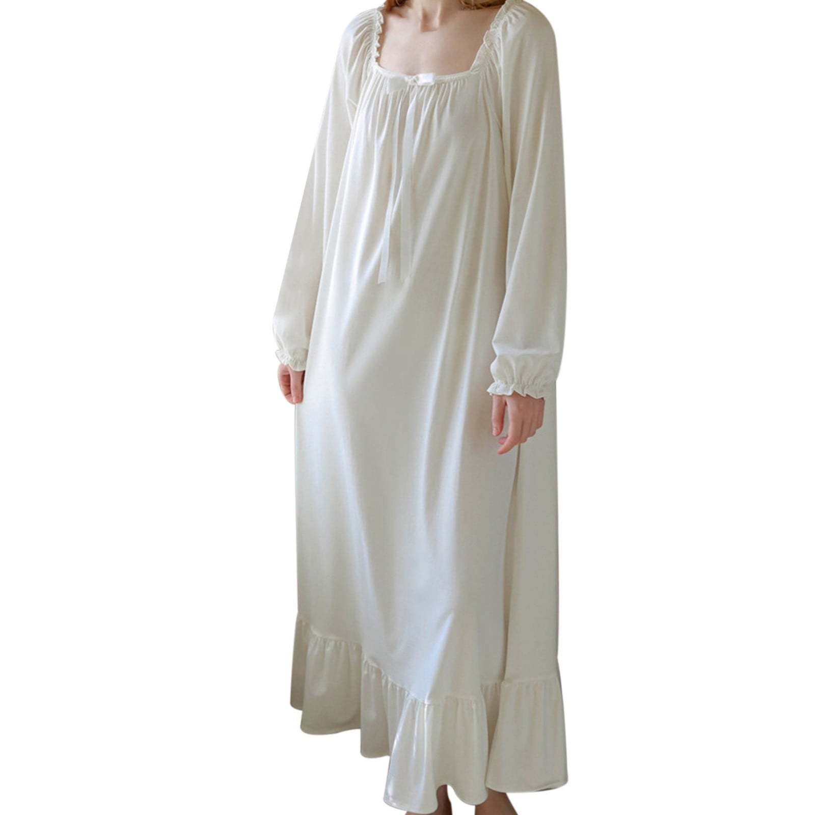 Womens Nightgown Crew Neck White Loose Lightweight Long Sleeve Rushed ...