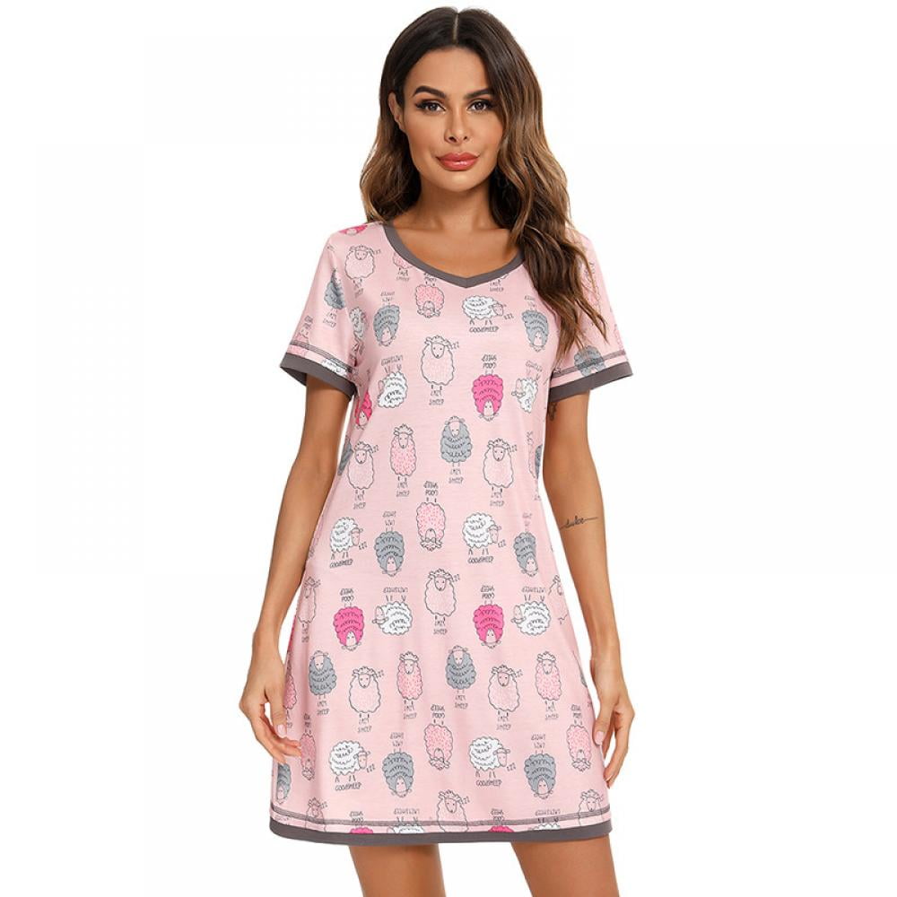 Womens Nightgowns Short Sleeve Nightshirt V Neck Sleep Shirt Comfy ...