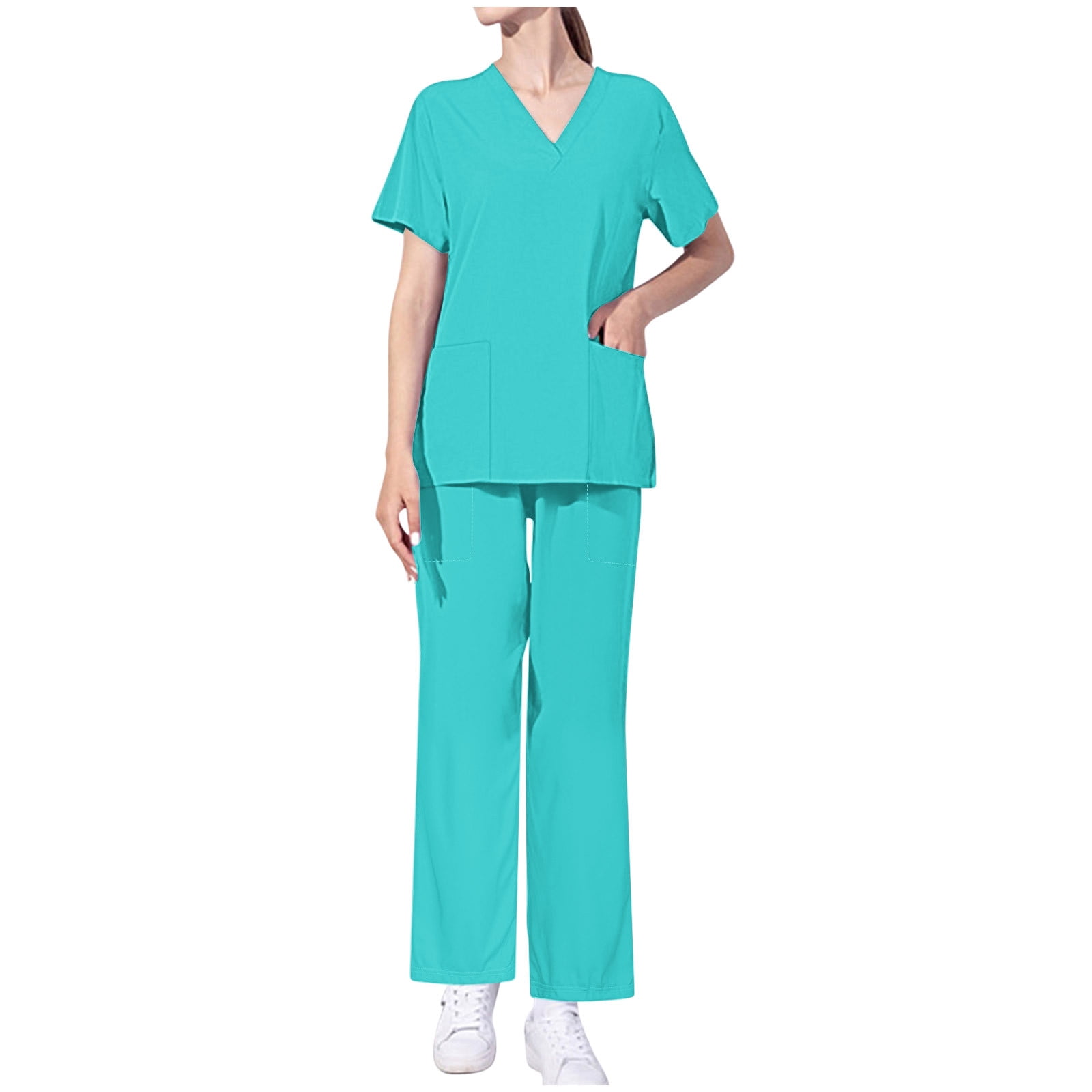 Womens Nurse Scrubs Set Short Sleeve Ve Neck Work Tops and Wide Leg ...