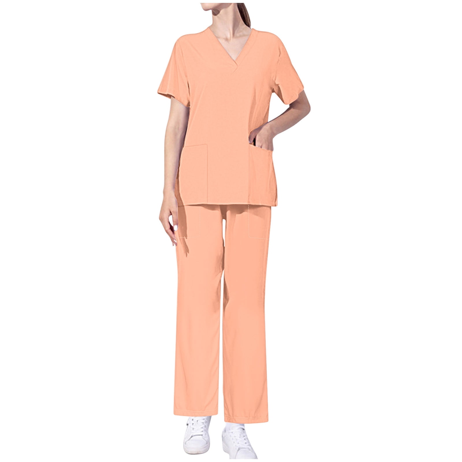 Womens Nurse Scrubs Set Short Sleeve Ve Neck Work Tops and Wide Leg ...