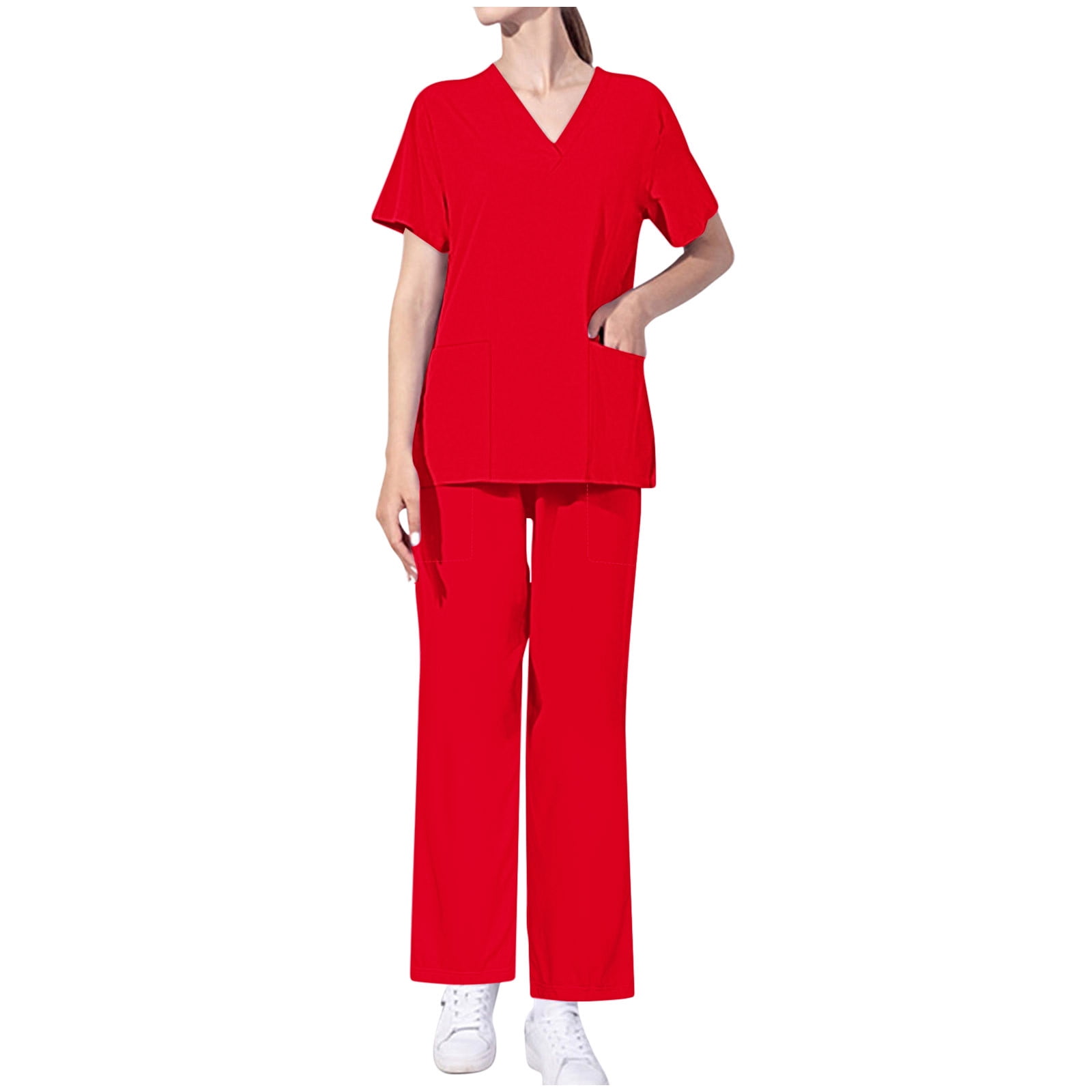 Womens Nurse Scrubs Set Short Sleeve Ve Neck Work Tops and Wide Leg ...