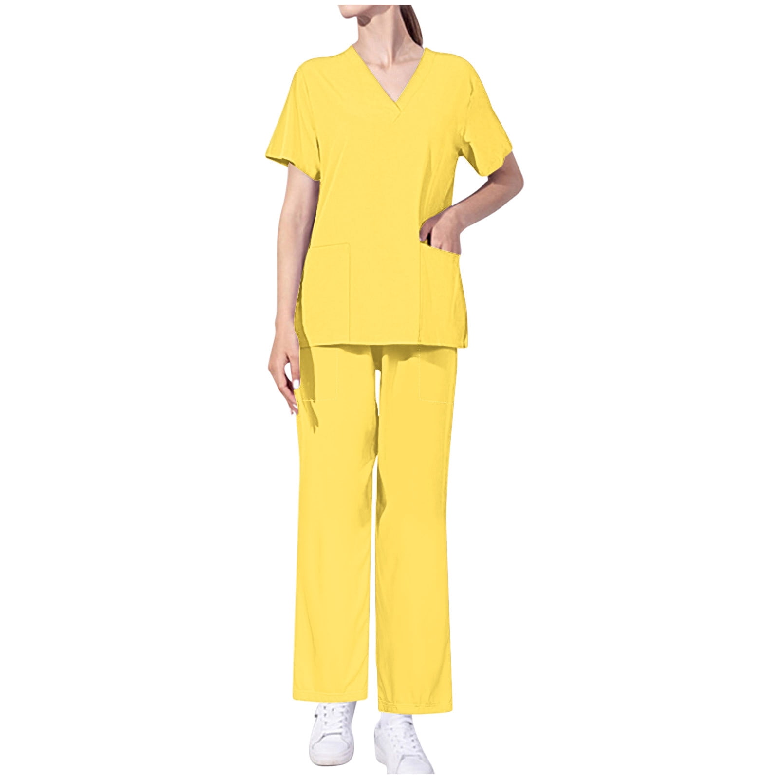 Womens Nurse Scrubs Set Short Sleeve Ve Neck Work Tops and Wide Leg ...