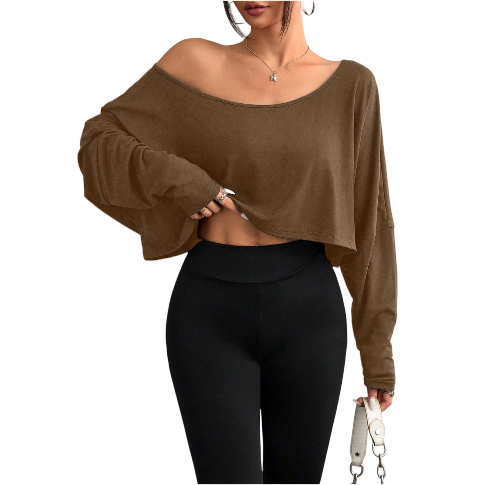 Womens Off The Shoulder Cropped Tops Long Sleeve Loose Fit Summer Neck ...