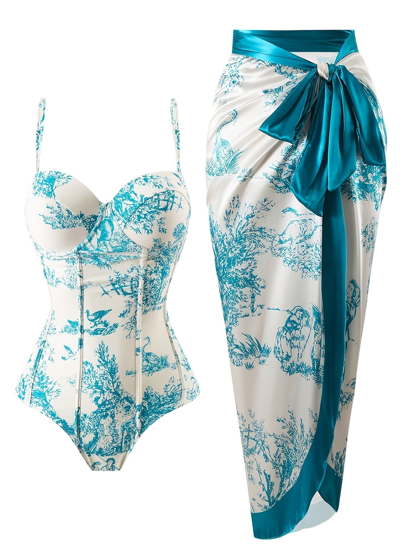Womens One Piece Swimsuit with Cover Up Tummy Control Sarong Wrap Swim ...