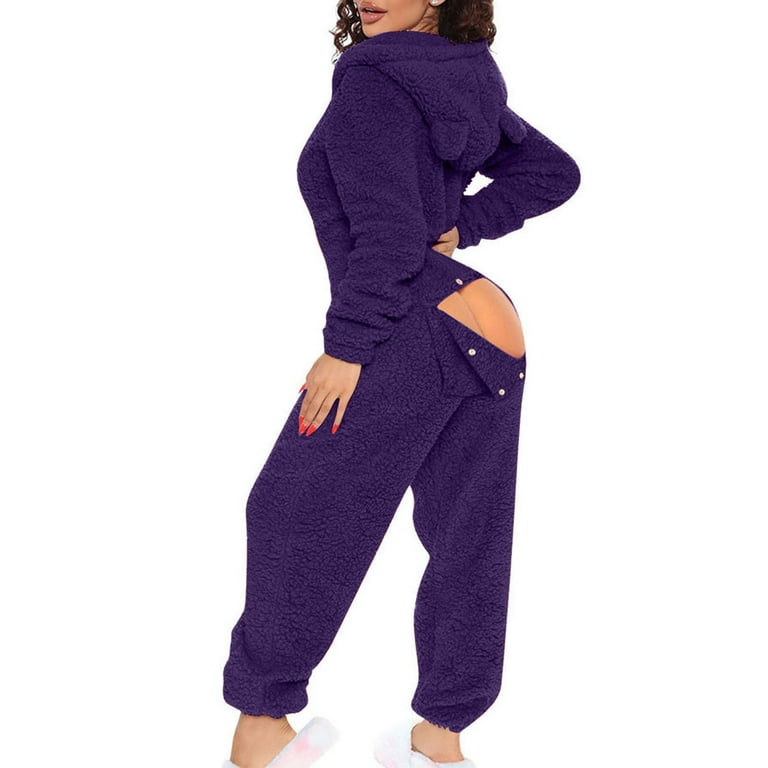 Womens Onesie with Flap Fleece One Piece Pajamas Cute Thermal Fluffy Hoodie Onesie Sleepwear for Women Walmart