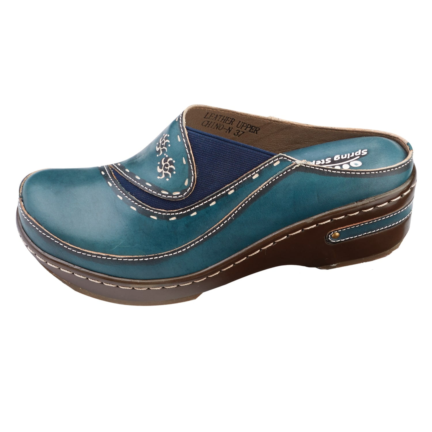 Womens Elegant Hand-Painted Leather Clogs, Open-Back, Heeled, Blue ...