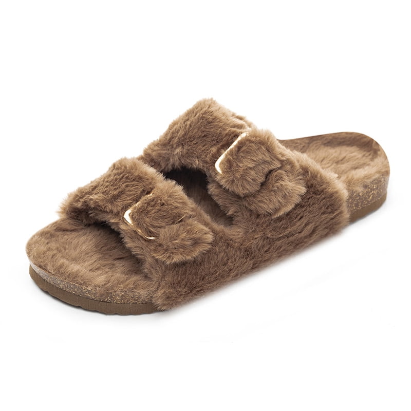 Womens Open Toe Slipper with Cozy Lining,Faux Rabbit Fur Cork Slide ...