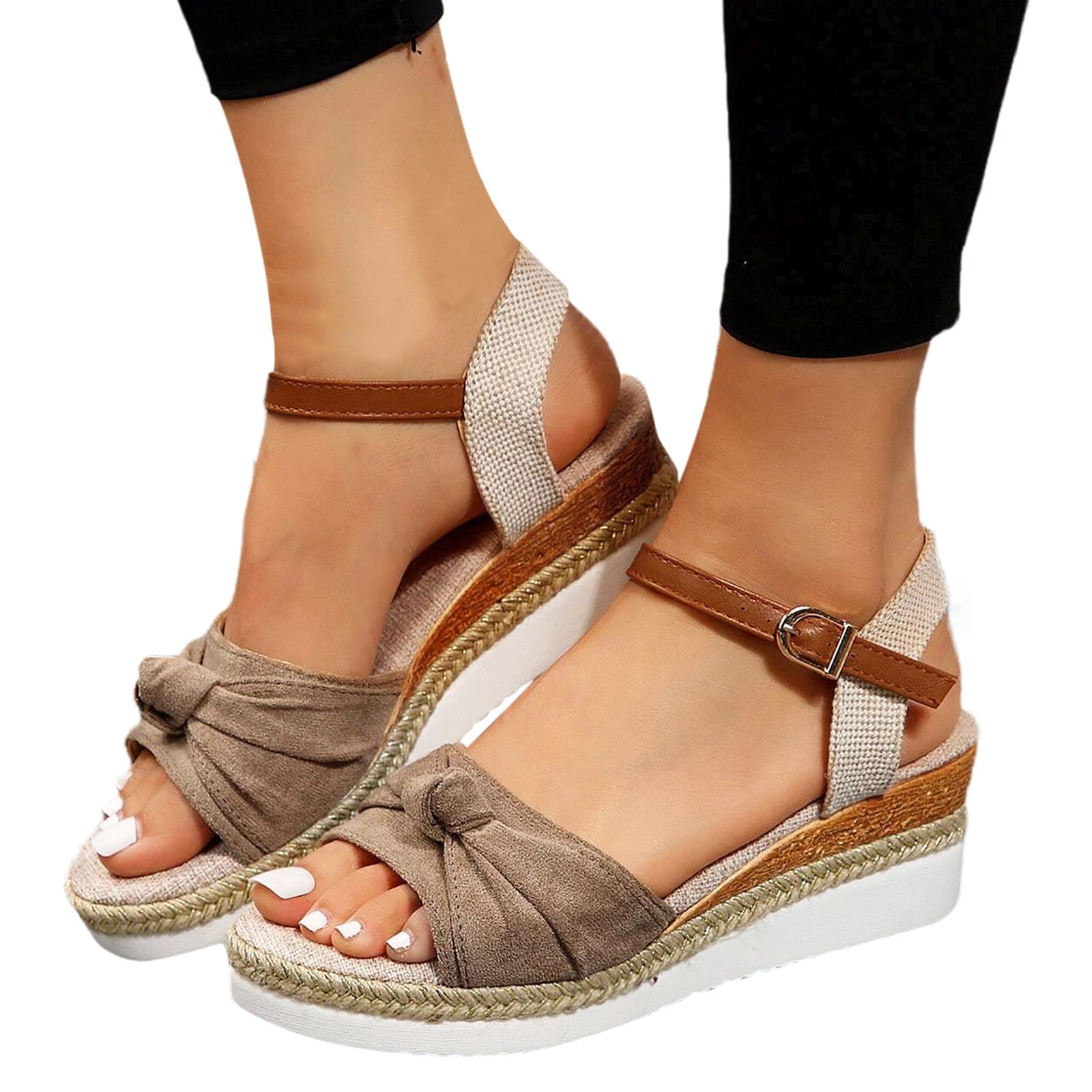 Womens Open Toe Wedge Sandals Ladies Knotted Strappy Mid Heel Ankle ...