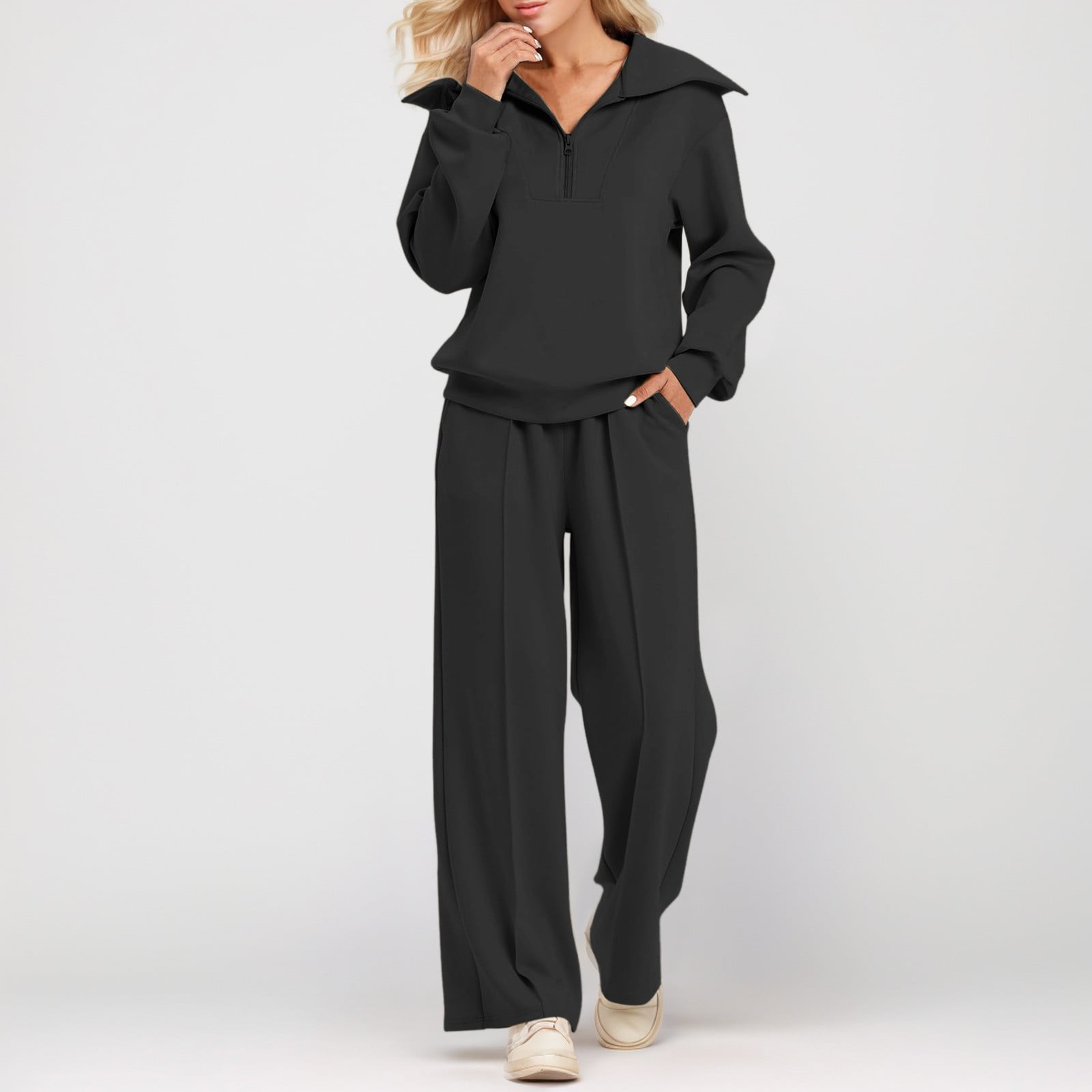 Womens Outfits Sets Half Zip Sweatshirt Matching Wide Leg Sweatpant ...