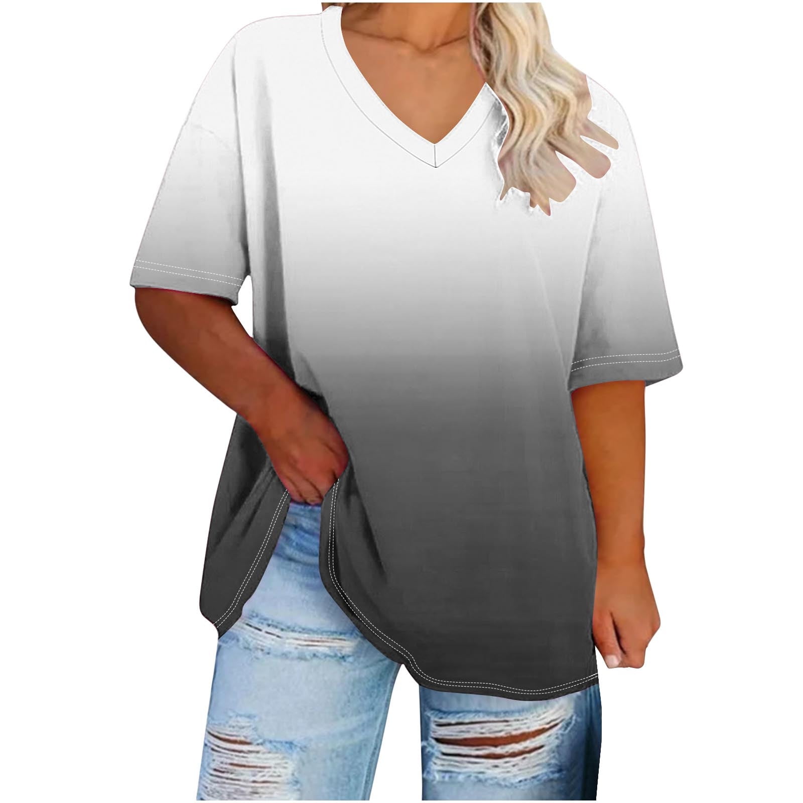 Womens Oversize Tops Gradient Printed Plus Size Casual Short Sleeve V ...