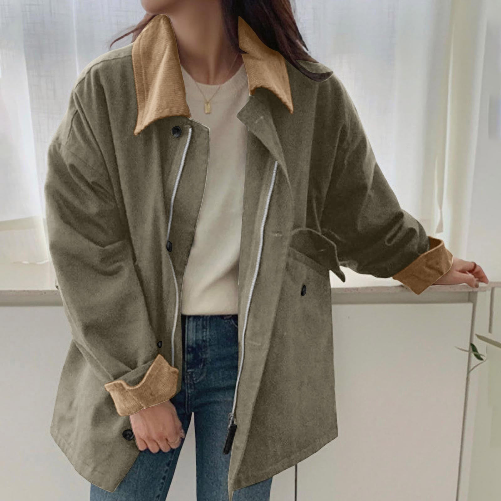 Womens Oversized Barn Jacket Button Down Canvas Jacket Corduroy Lapel ...