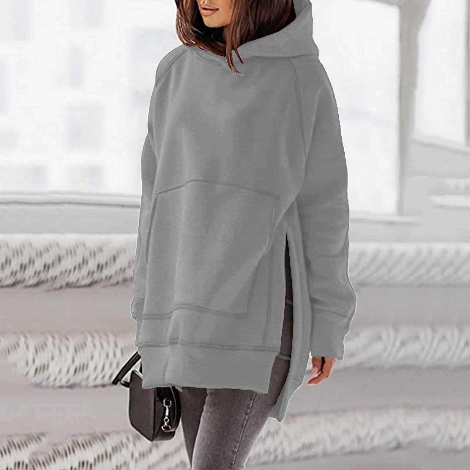 Womens Oversized Hoodie Size Split Hem Long Sleeve Hooded Sweatshirts ...
