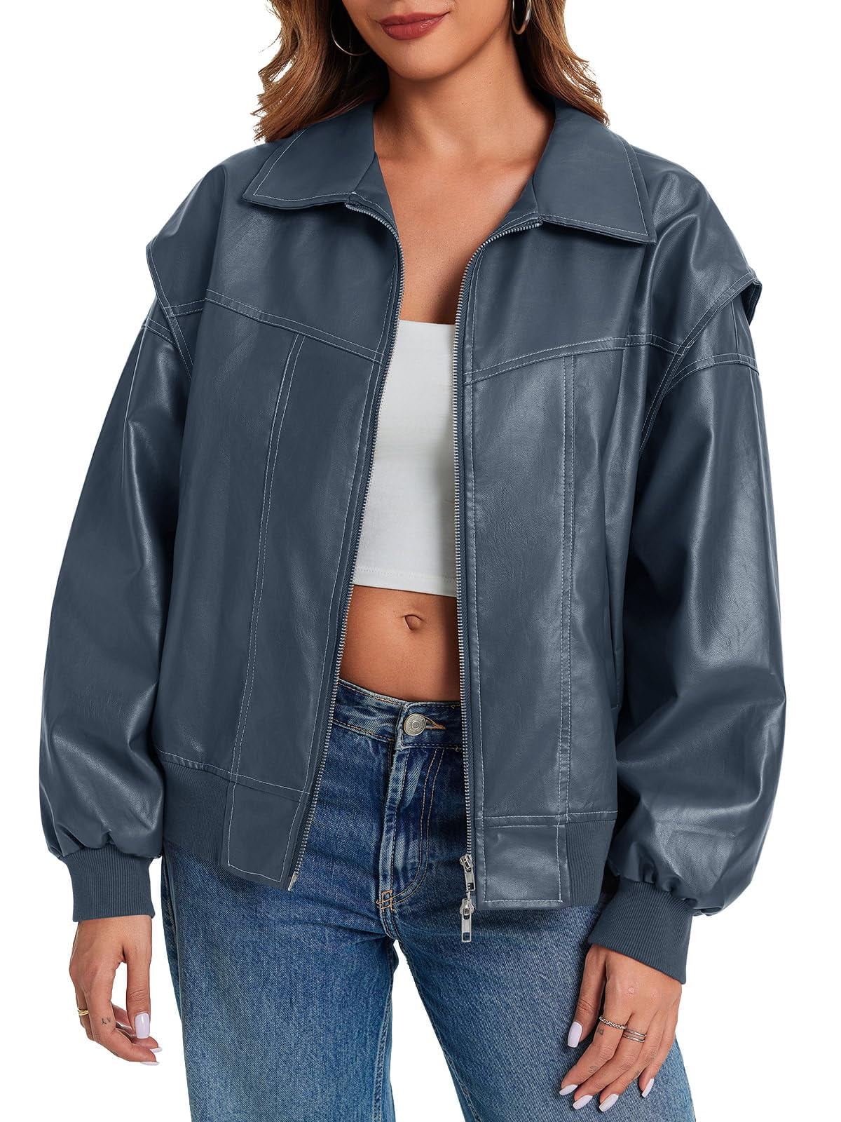 Womens Oversized Leather Bomber Jackets Cap Sleeve Zip Up Motorcycle ...
