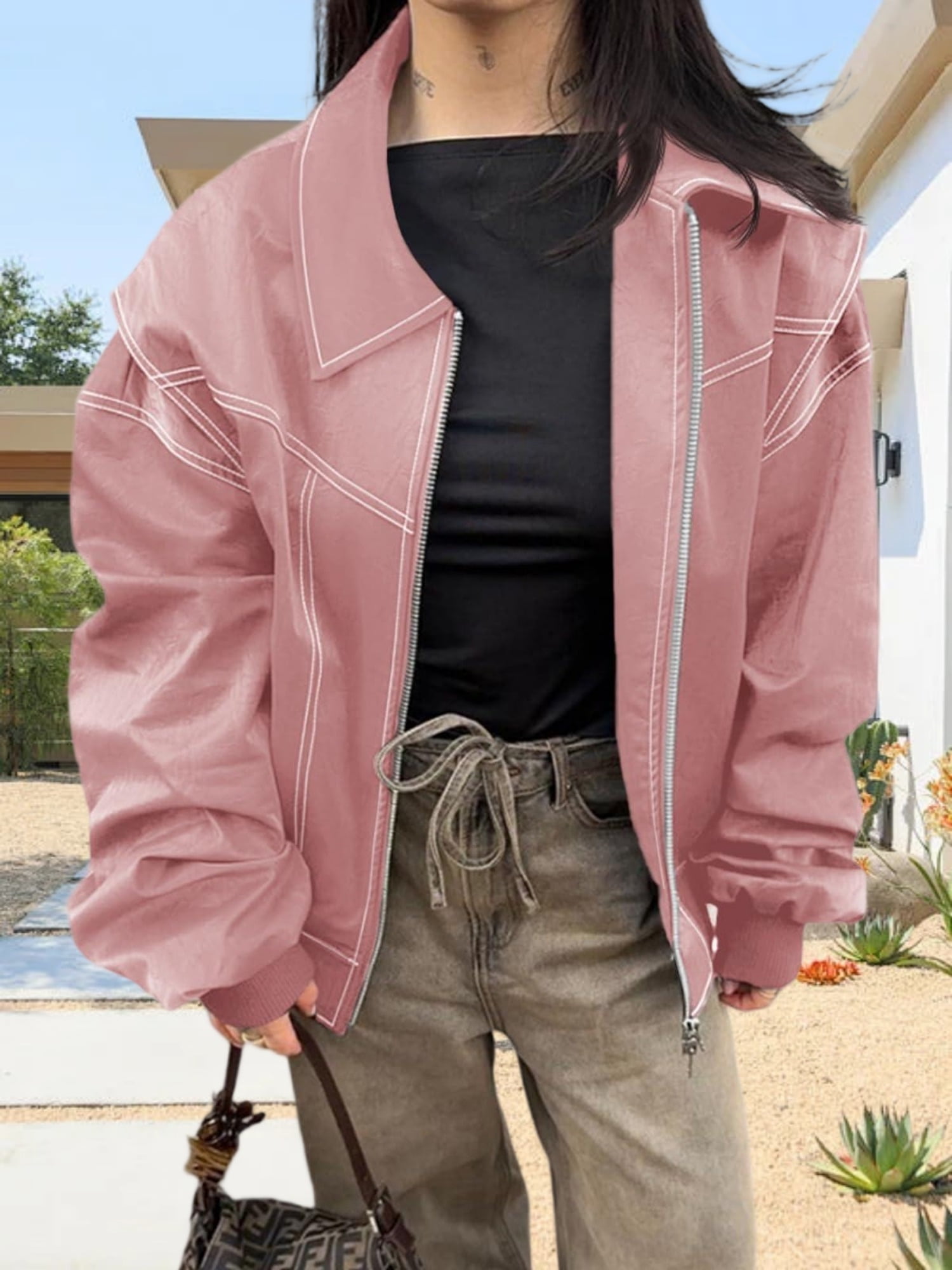 Womens Oversized Leather Bomber Jackets Cap Sleeve Zip Up Motorcycle ...