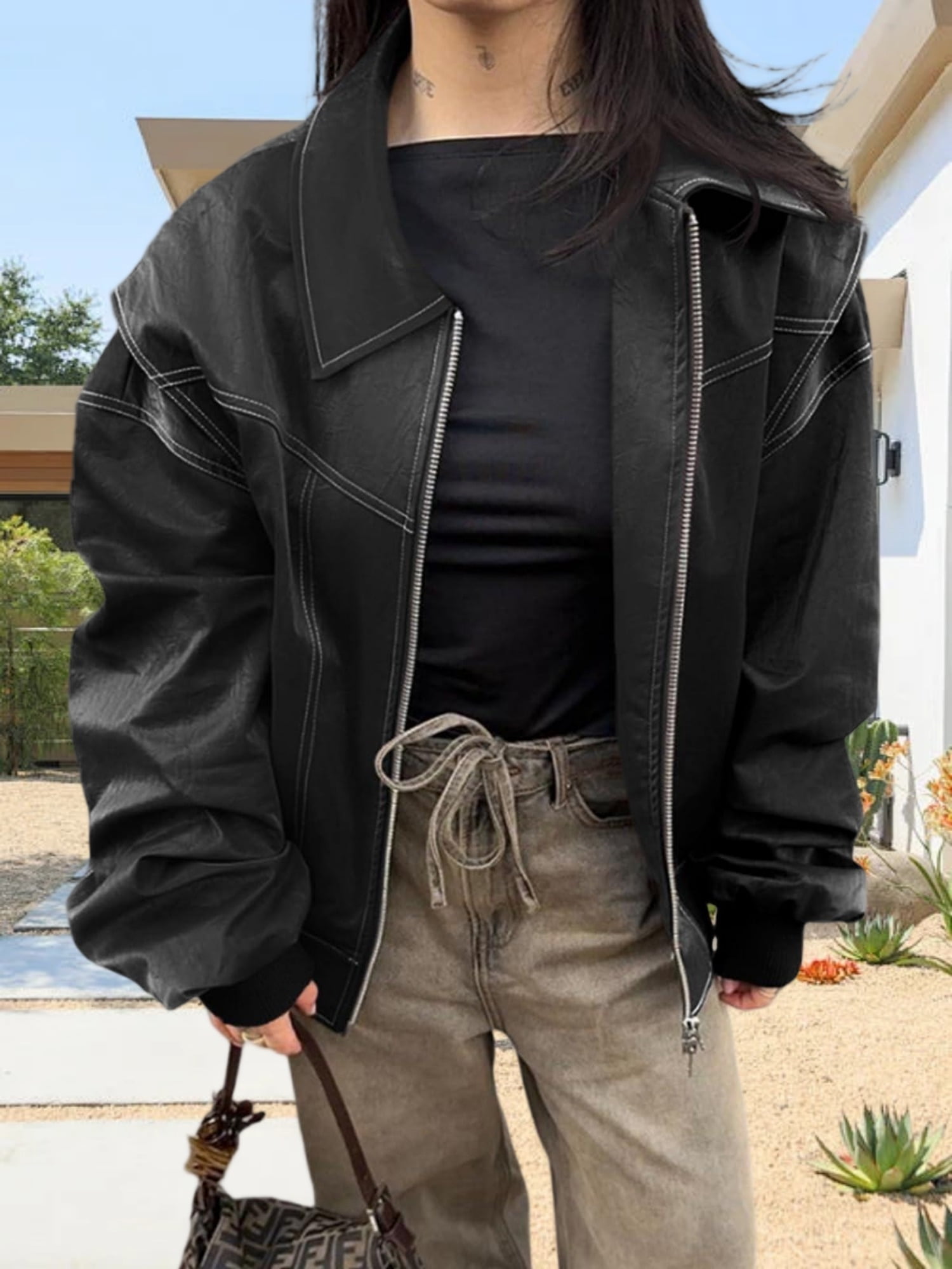 Womens Oversized Leather Bomber Jackets Cap Sleeve Zip Up Motorcycle ...