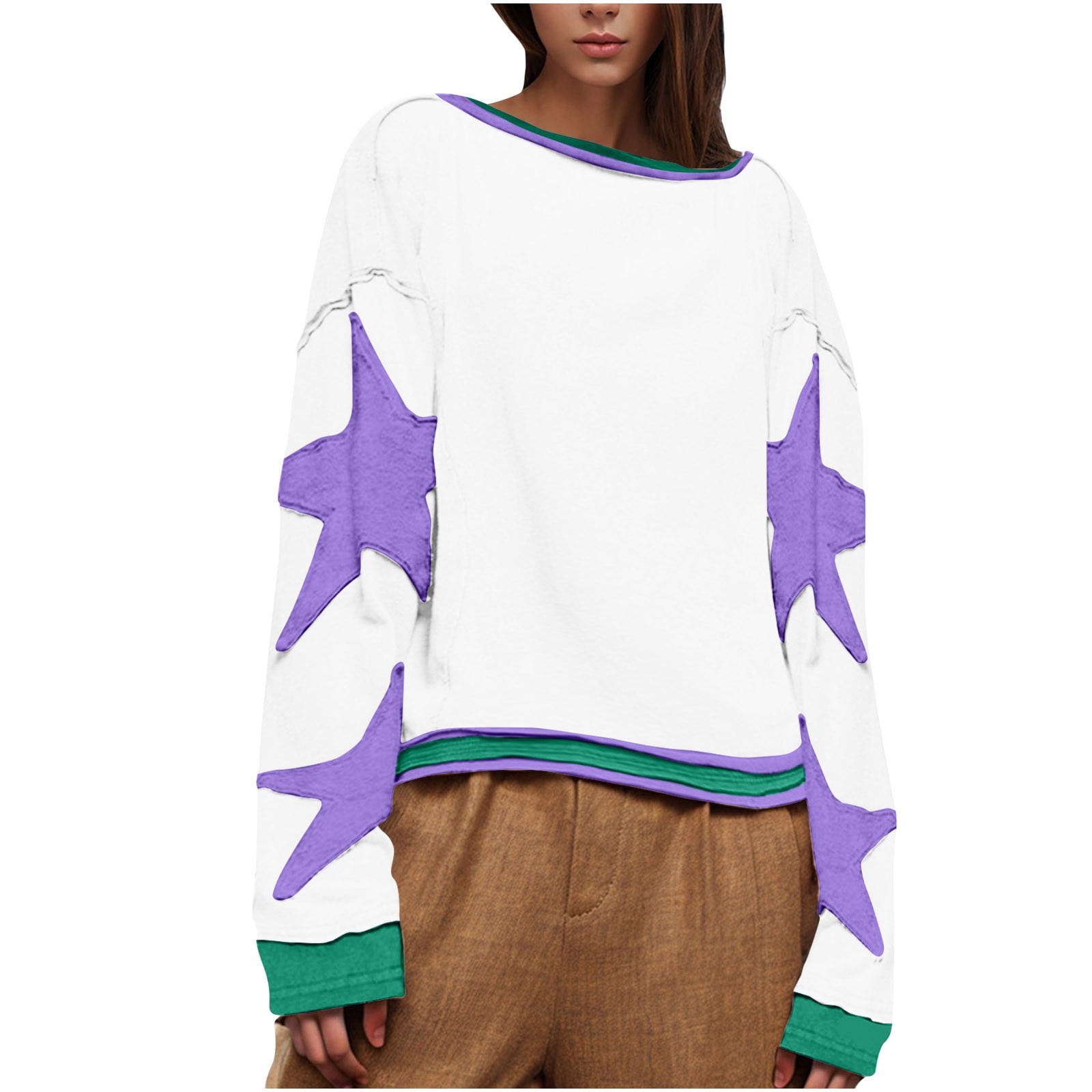 Womens Oversized Sweatshirt Star Pattern Patchwork Dropped Long Sleeve ...