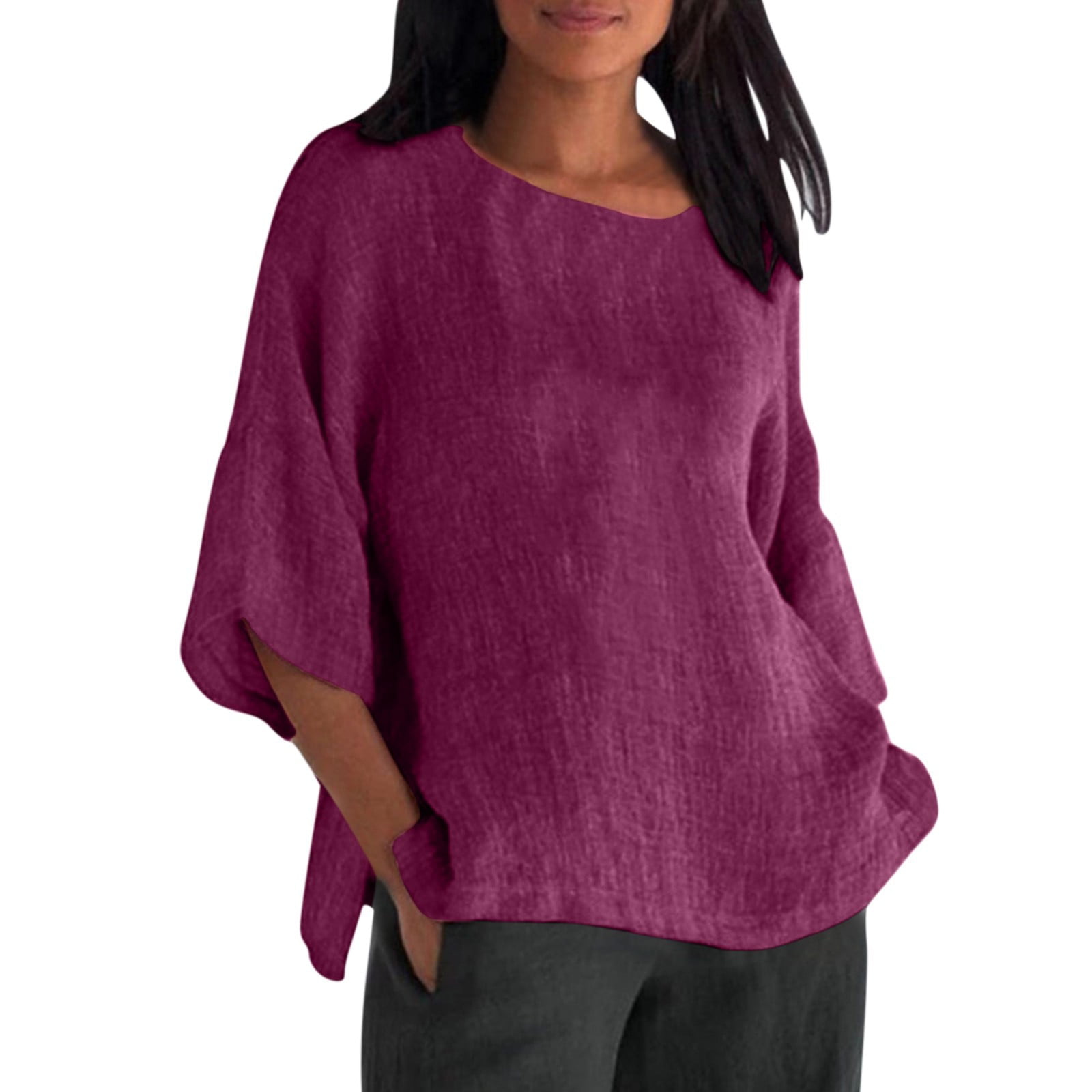 Womens Oversized Tops Regular Fit Solid Color 3/4 Sleeved Blouses 2025 ...