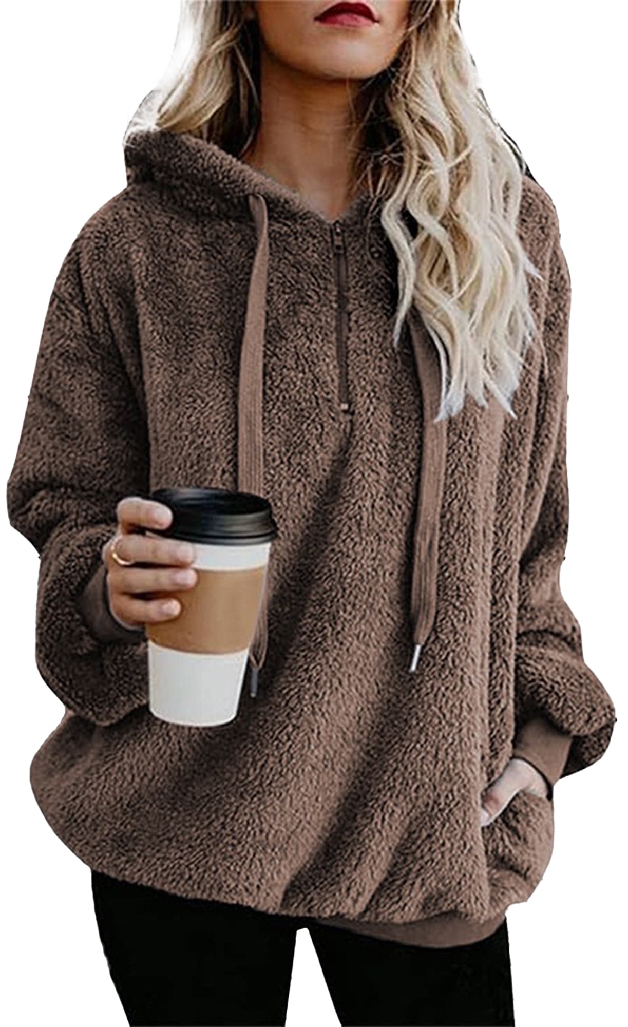 Womens Fleece Hoodie Sweatshirt Long Sleeve Solid Fall Pullover with ...