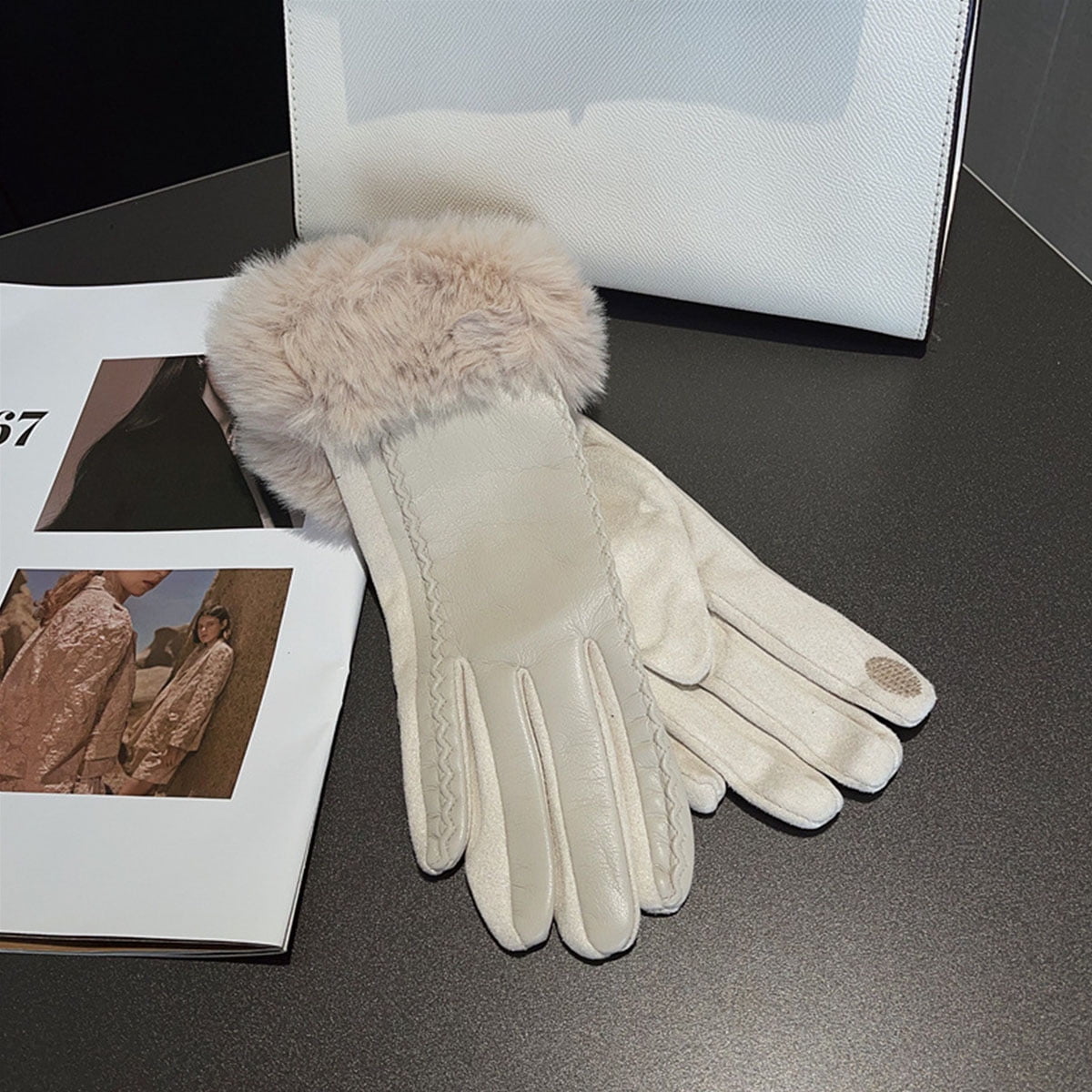 Womens PU Leather Gloves for Cold Weather Winter Warm Gloves with Faux Fur Trim Cuff Thermal ...