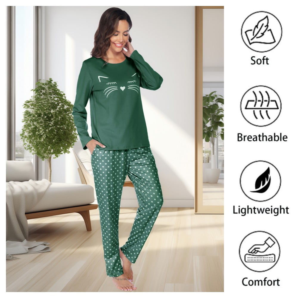 Womens Pajama Sets Long Sleeve Long Pants Pajamas for Women Cat Print ...