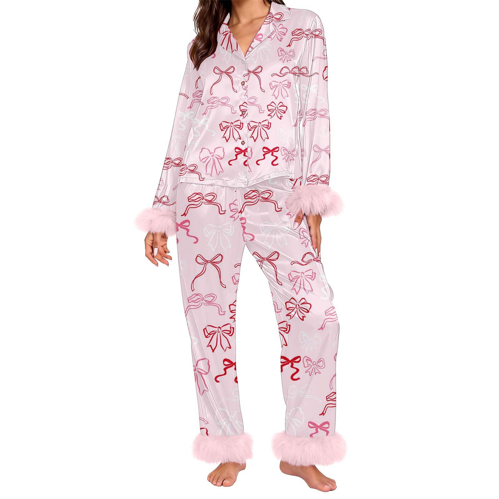 Womens Pajama Sets Pink Polyester Spandex Satin Valentines Pajamas For ...