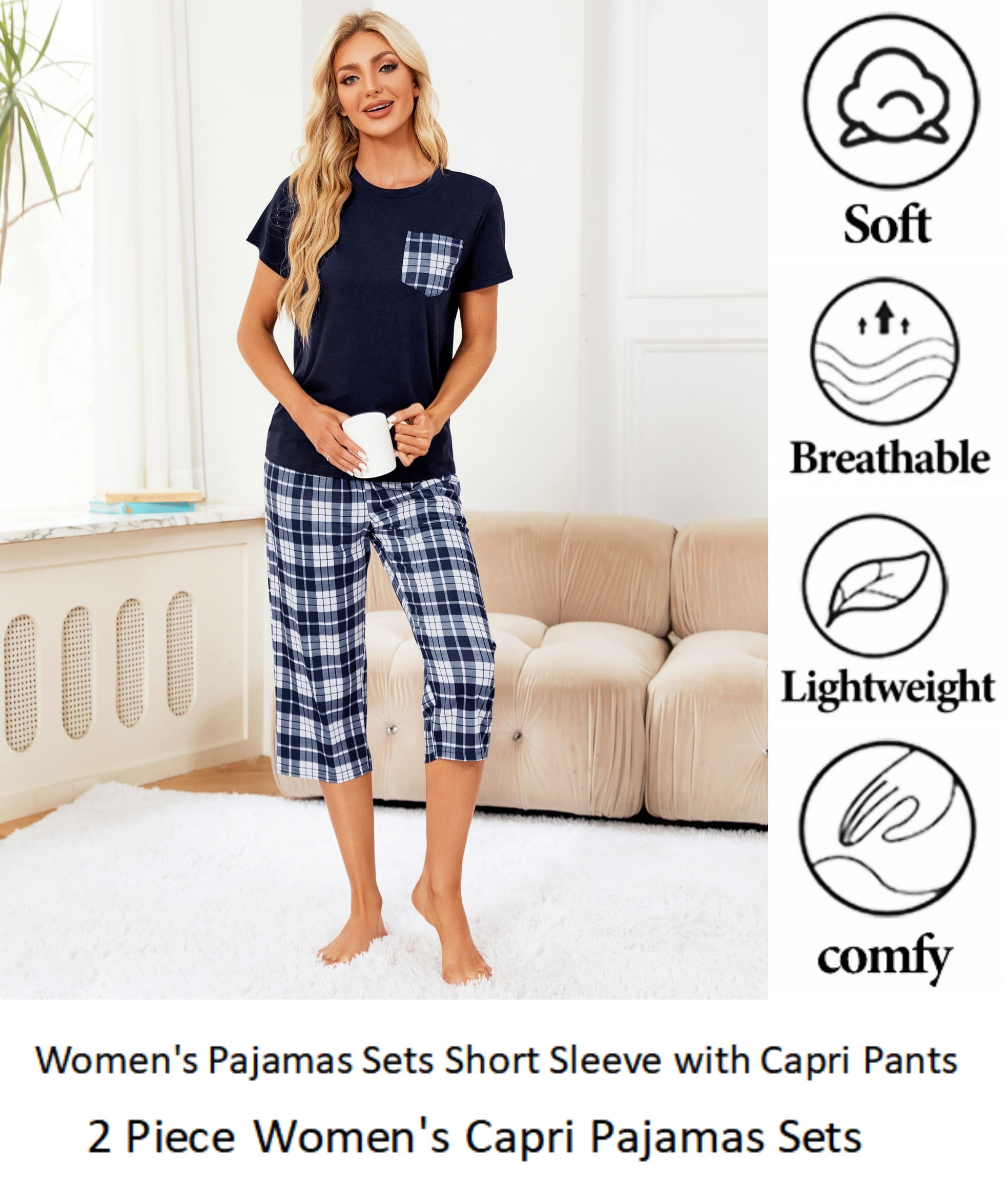 Womens Pajama Sets Short Sleeve Top and Capri Pajama Set 2 Piece Women ...