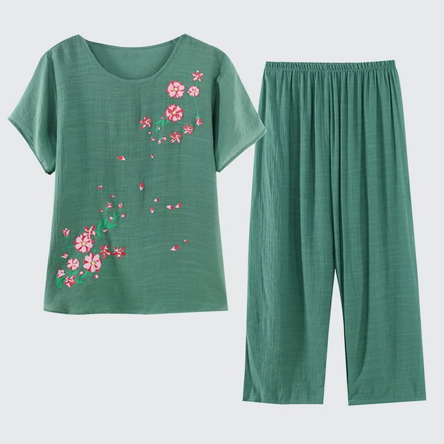 Womens Pajama Sets Summer Round Neck Cotton Linen Top with Capri Pants ...