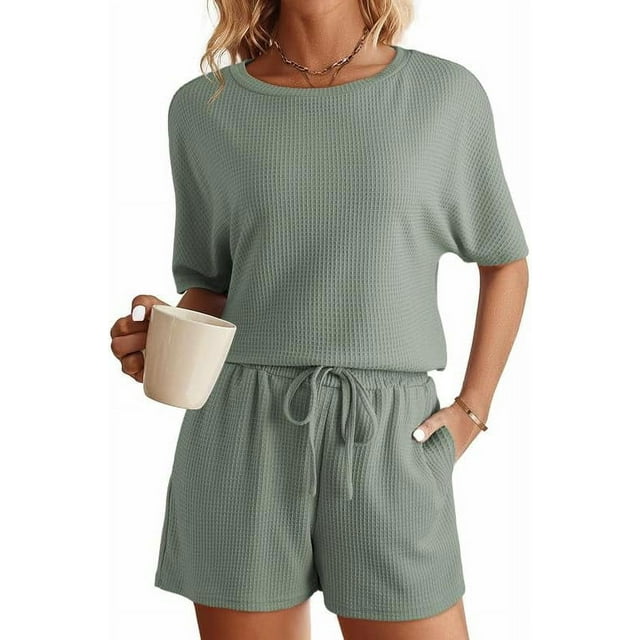 Womens Pajama Sets Waffle Knit Lounge Set 2 Piece Outfits Loungewear Sweatsuit with Pockets ...