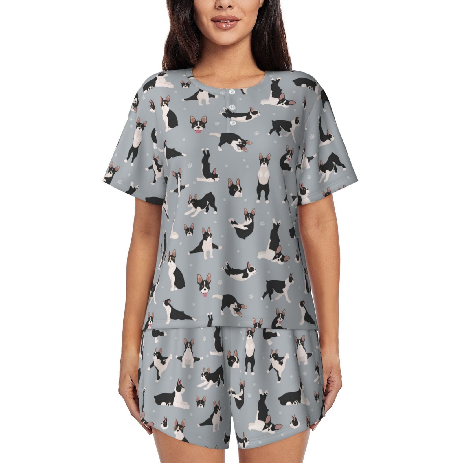 Womens Pajama Sets With Pocket, Boston terrier yoga poses cute Lounge ...