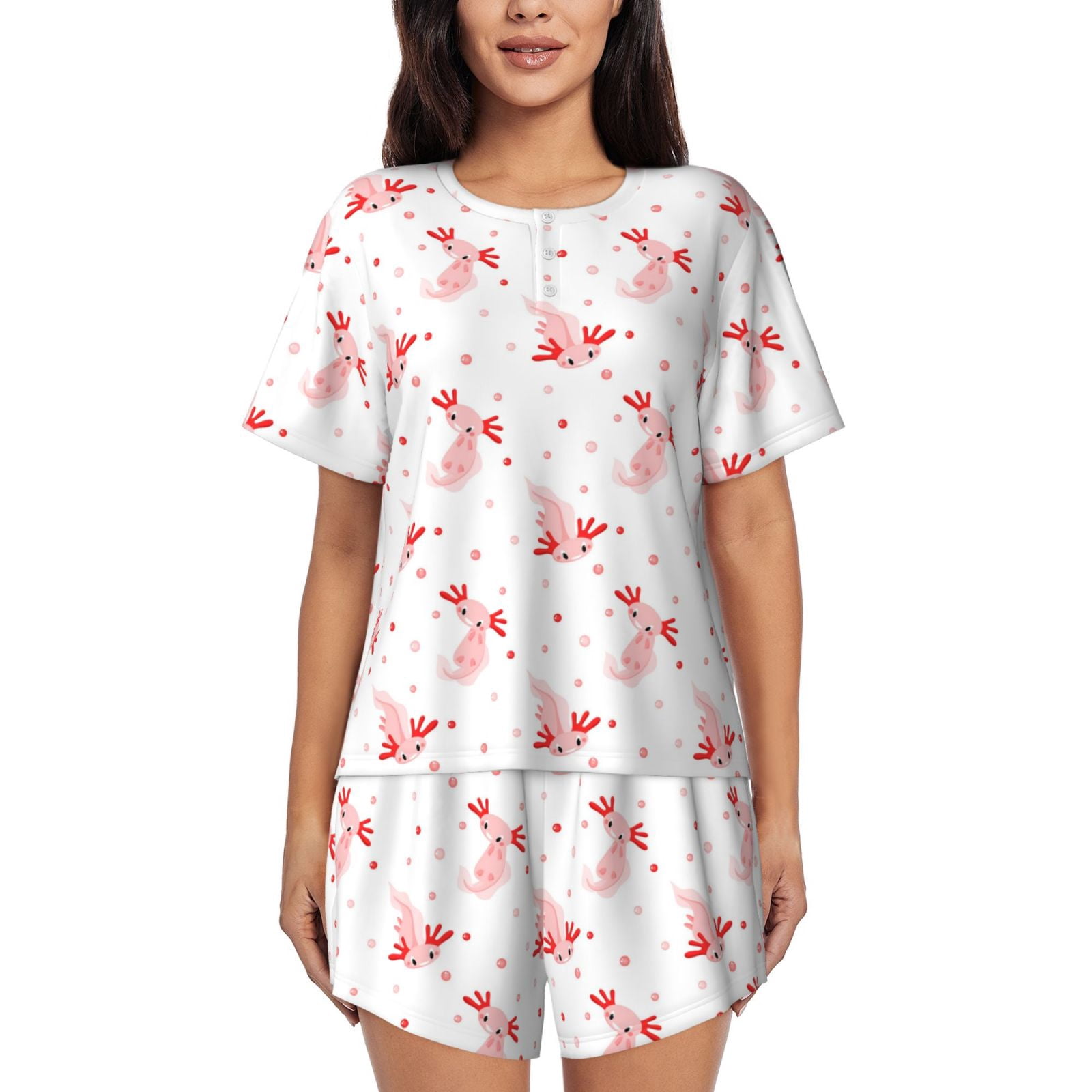 Womens Pajama Sets With Pocket, Cartoon Cute Axolotl Pink_A Lounge Sets ...