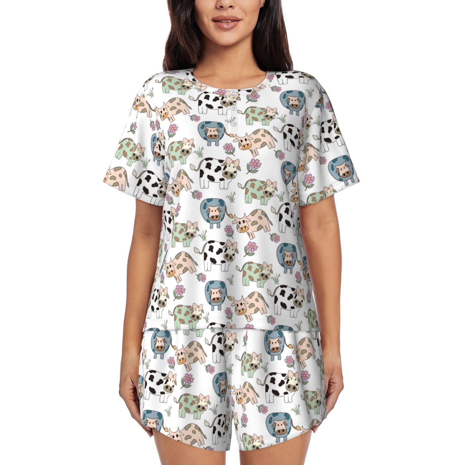 Womens Pajama Sets With Pocket, Cartoon Cute Cow Flower Funny Lounge ...