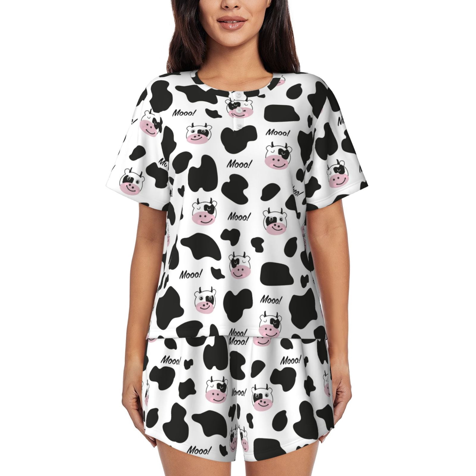Womens Pajama Sets With Pocket, Cartoon Cute Cow Print Cow Head Lounge ...