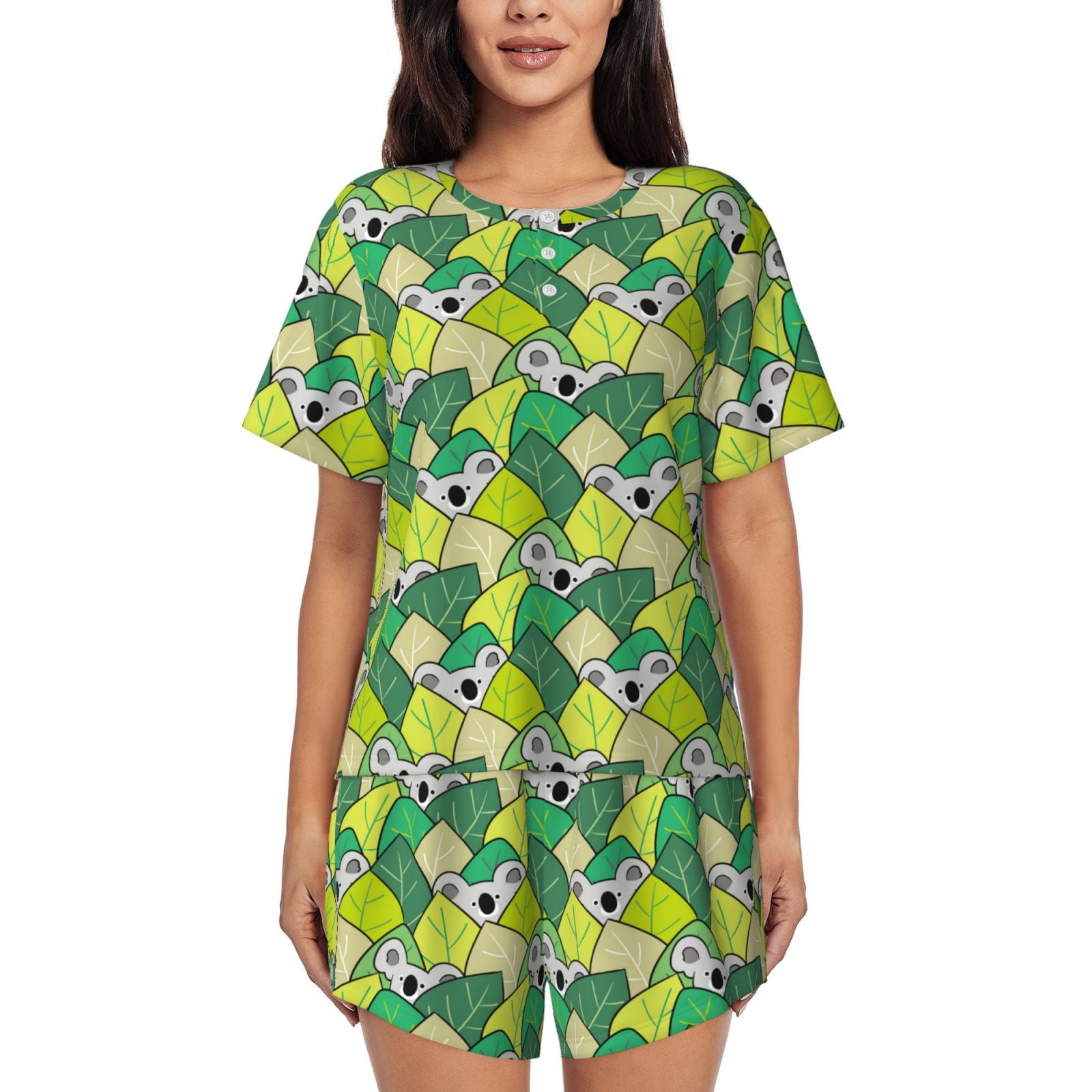 Womens Pajama Sets With Pocket, Cartoon Koala Bear and Leaf Lounge Sets Short Sleeve Sleepwear ...