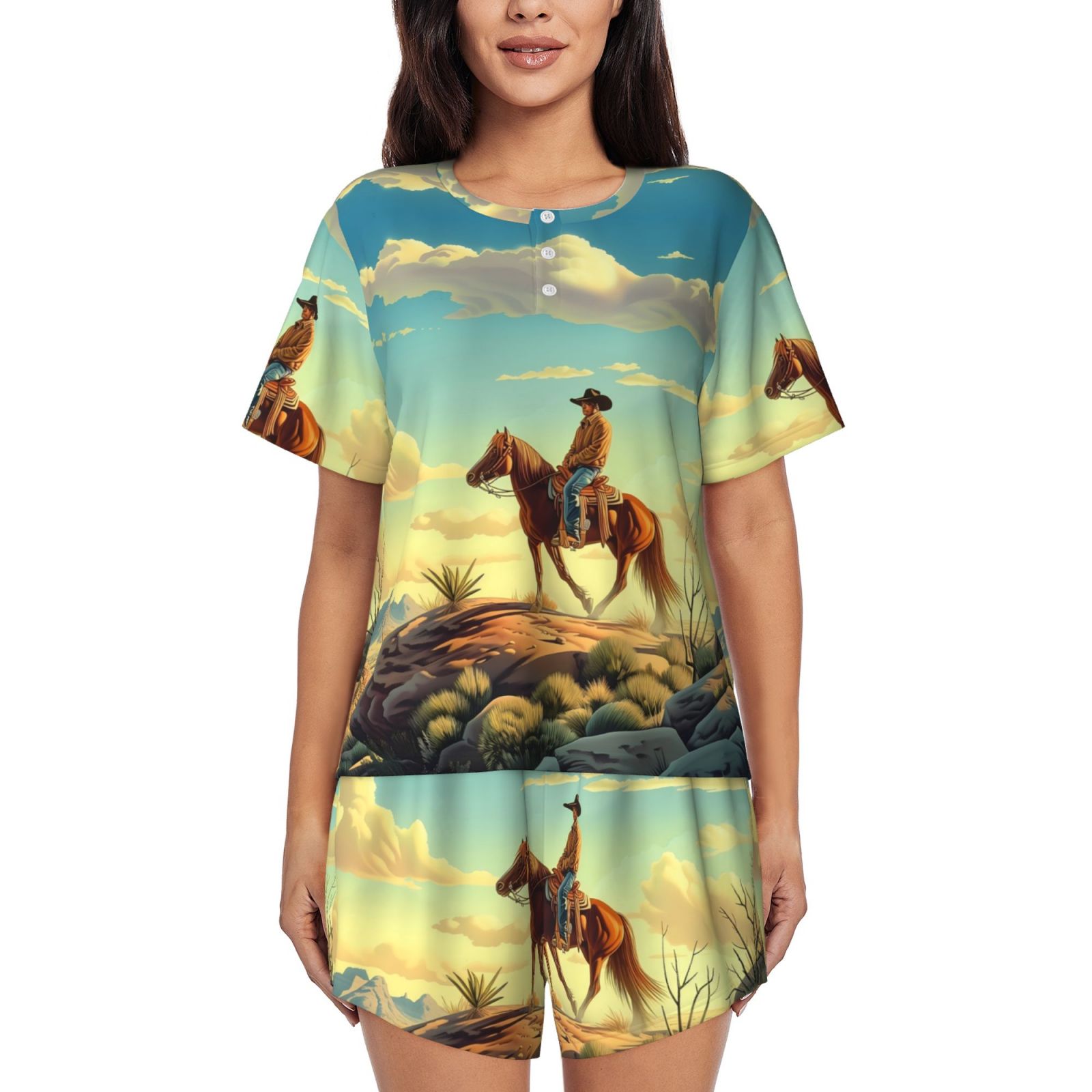Womens Pajama Sets With Pocket, Western Sky Desert Cowboy Lounge Sets ...