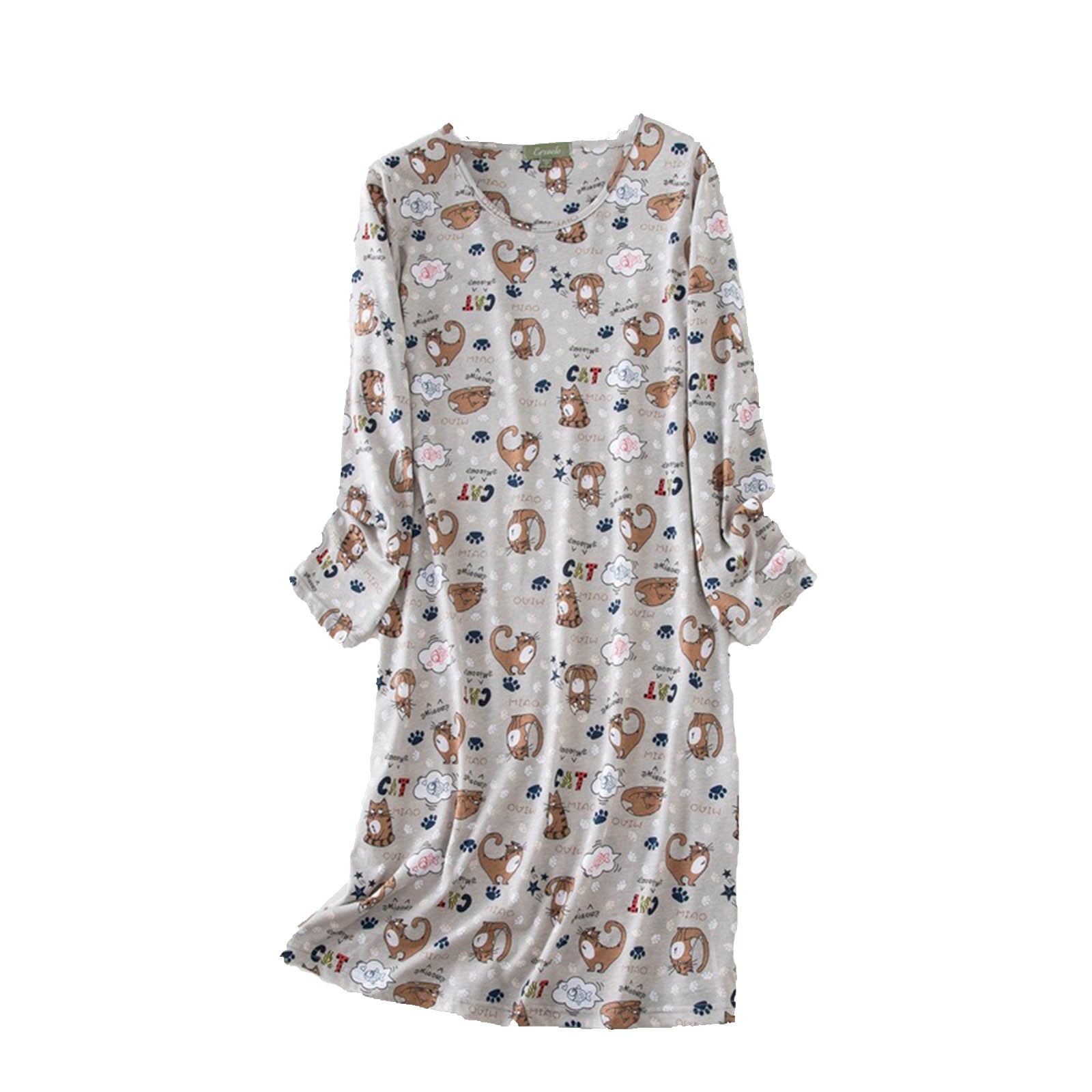 Trolimons Women's Cotton Nightgown, Long Sleeve Cat Print Sleepwear ...