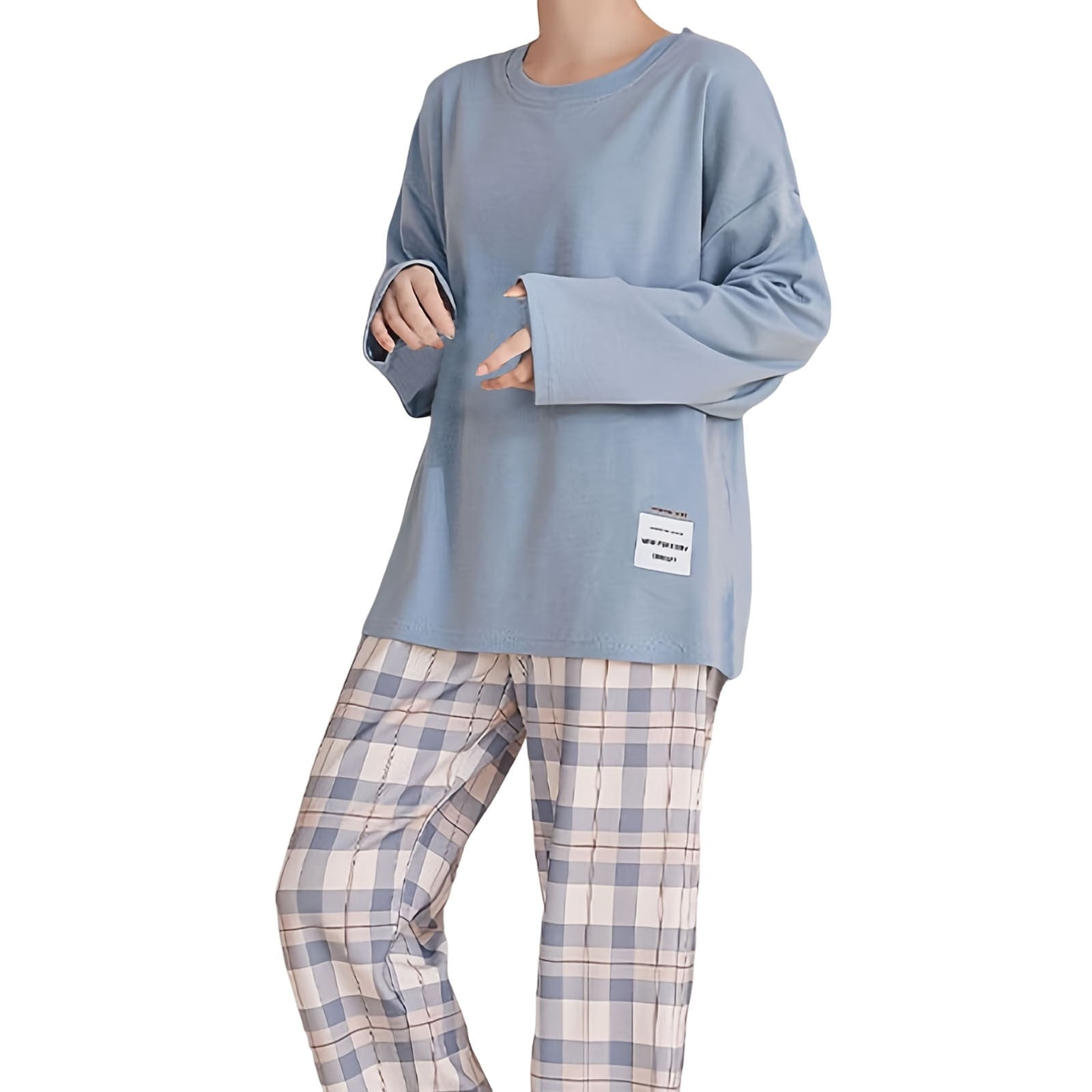 Womens Pajamas Long Sleeve Crew Neck T-Shirt Top And Plaid Bottom Pants ...