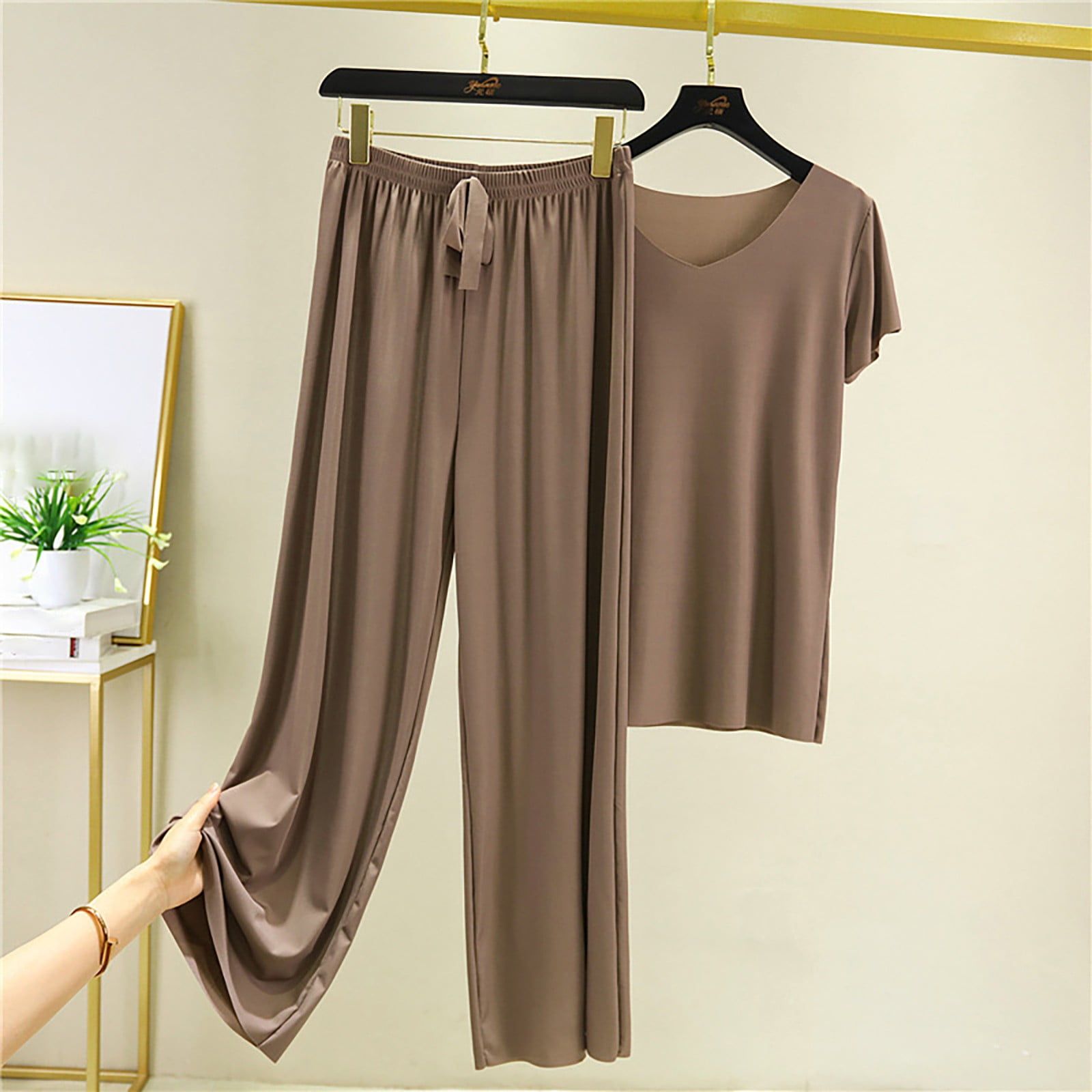 Womens Pajamas Set Daily Family Clothes Short Sleeve Tops and Wide Leg ...