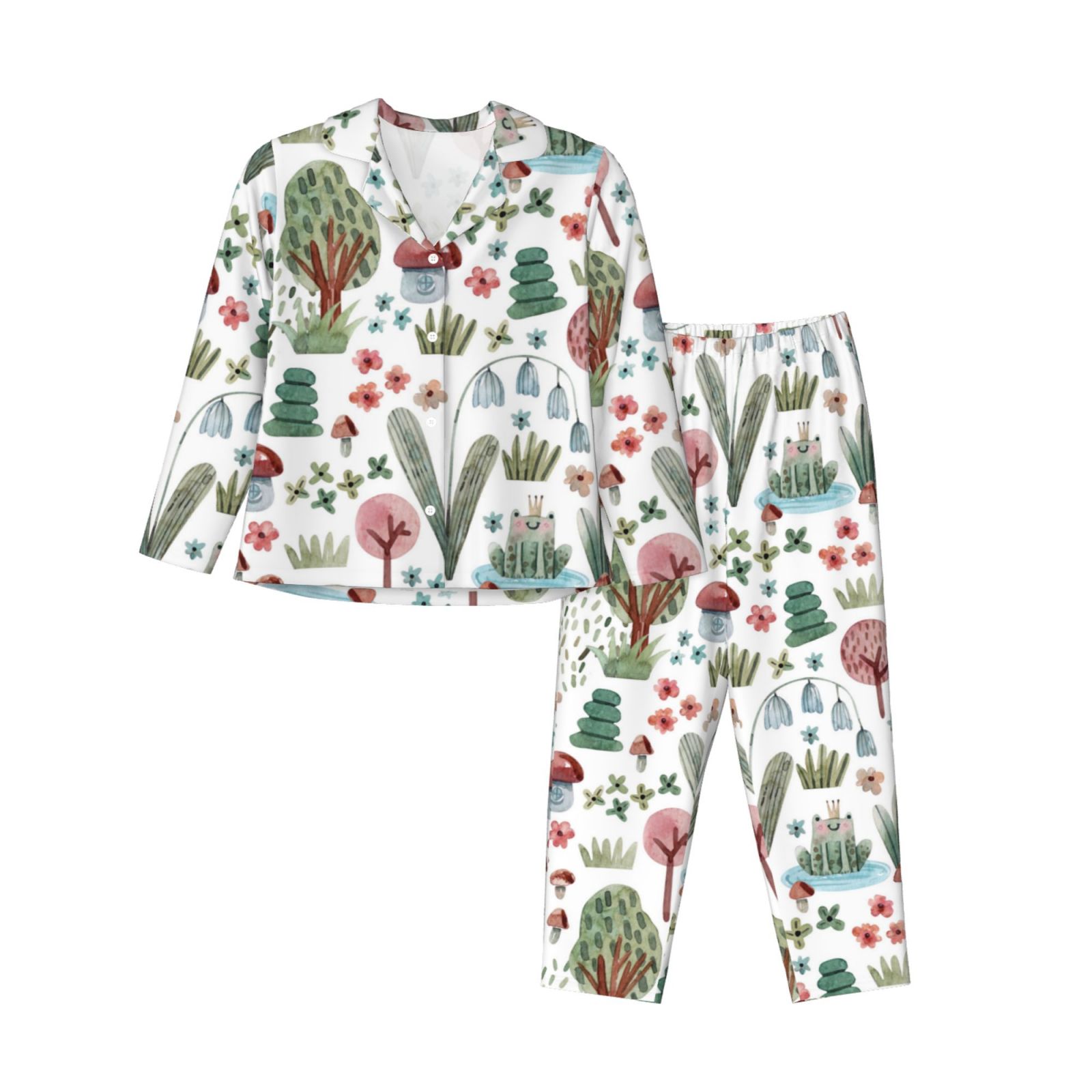Womens Pajamas Sets 2 Pack - Frog and Forest Plants Long Sleeve ...