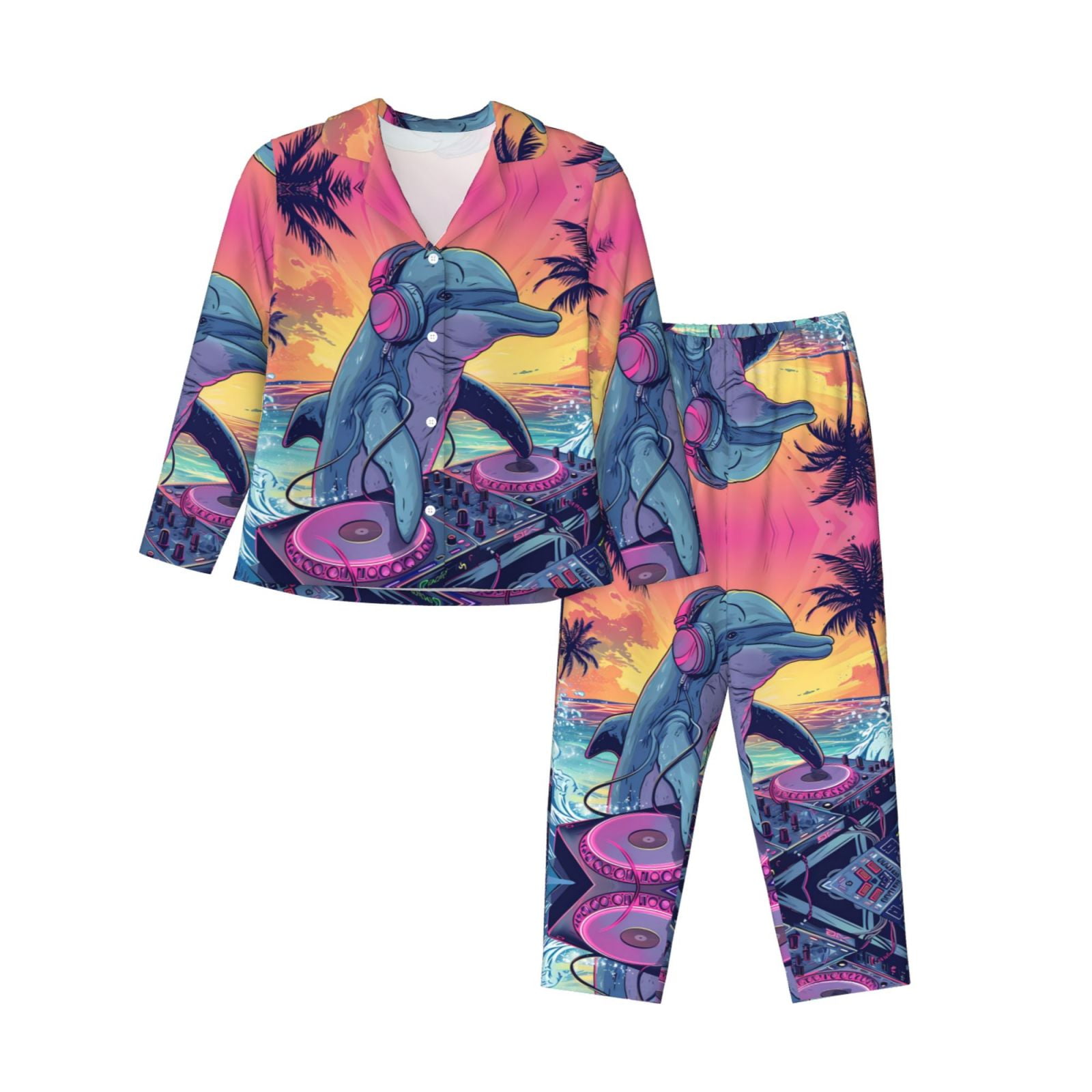Womens Pajamas Sets 2 Pack - Hip-Hop DJ Dolphin Long Sleeve Sleepwear ...